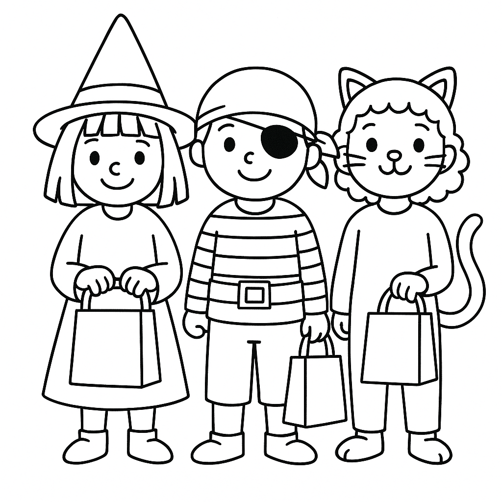 Adorable Trick-or-Treaters Halloween Coloring Page - Free Coloring Page ...