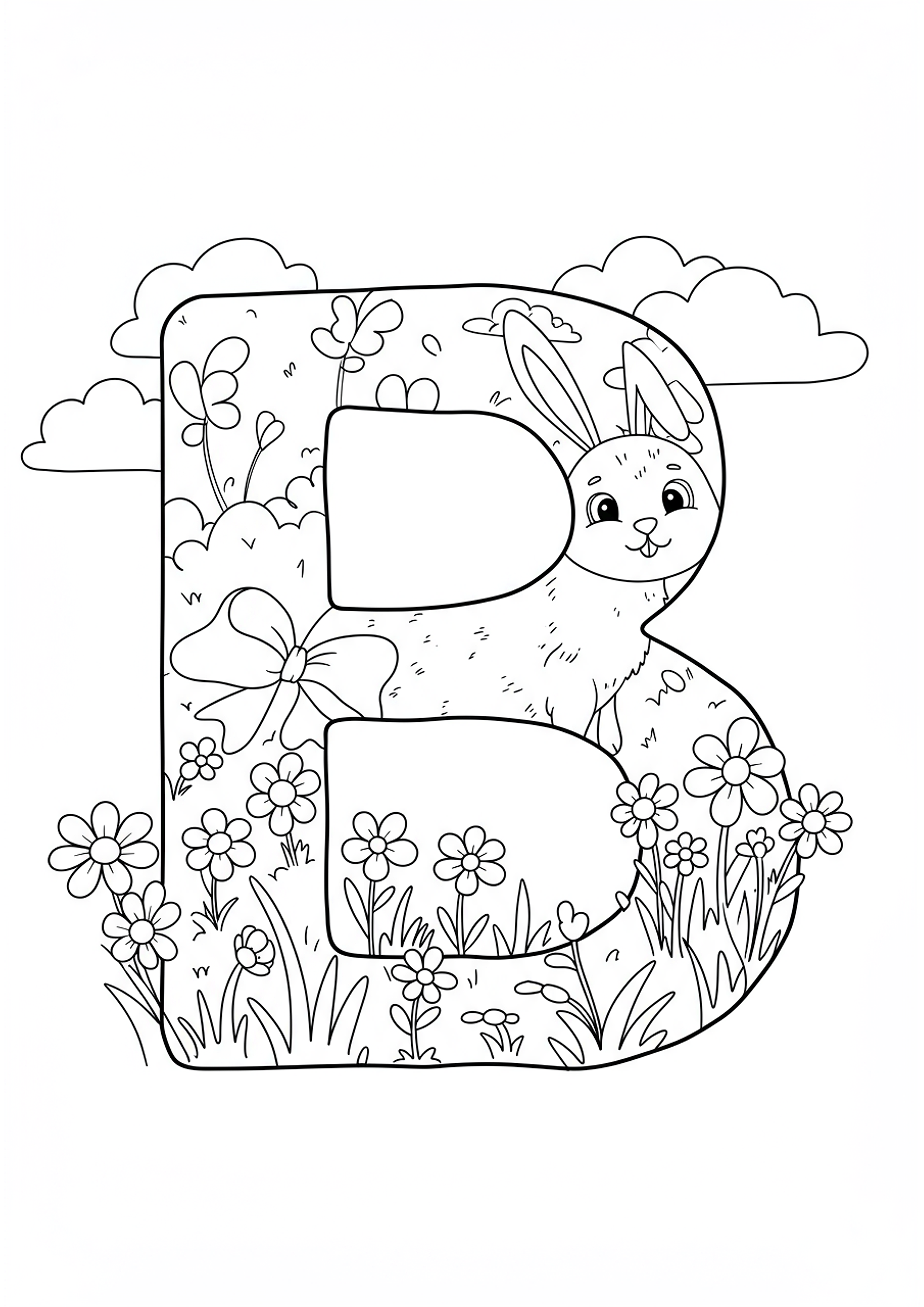 B is for Bunny and Spring Flowers Coloring Page - Free Coloring Page ...