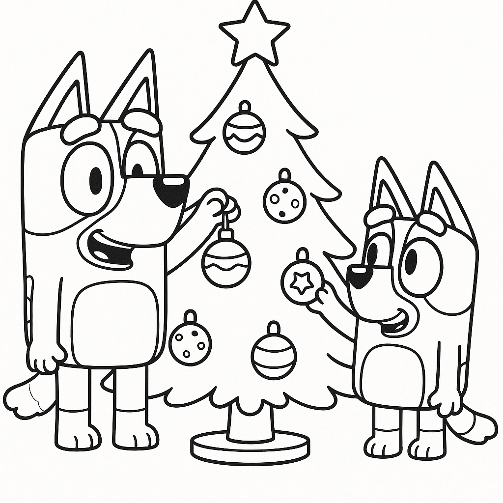 Bluey and Bingo's Christmas Tree Decorating - Free Coloring Page ...