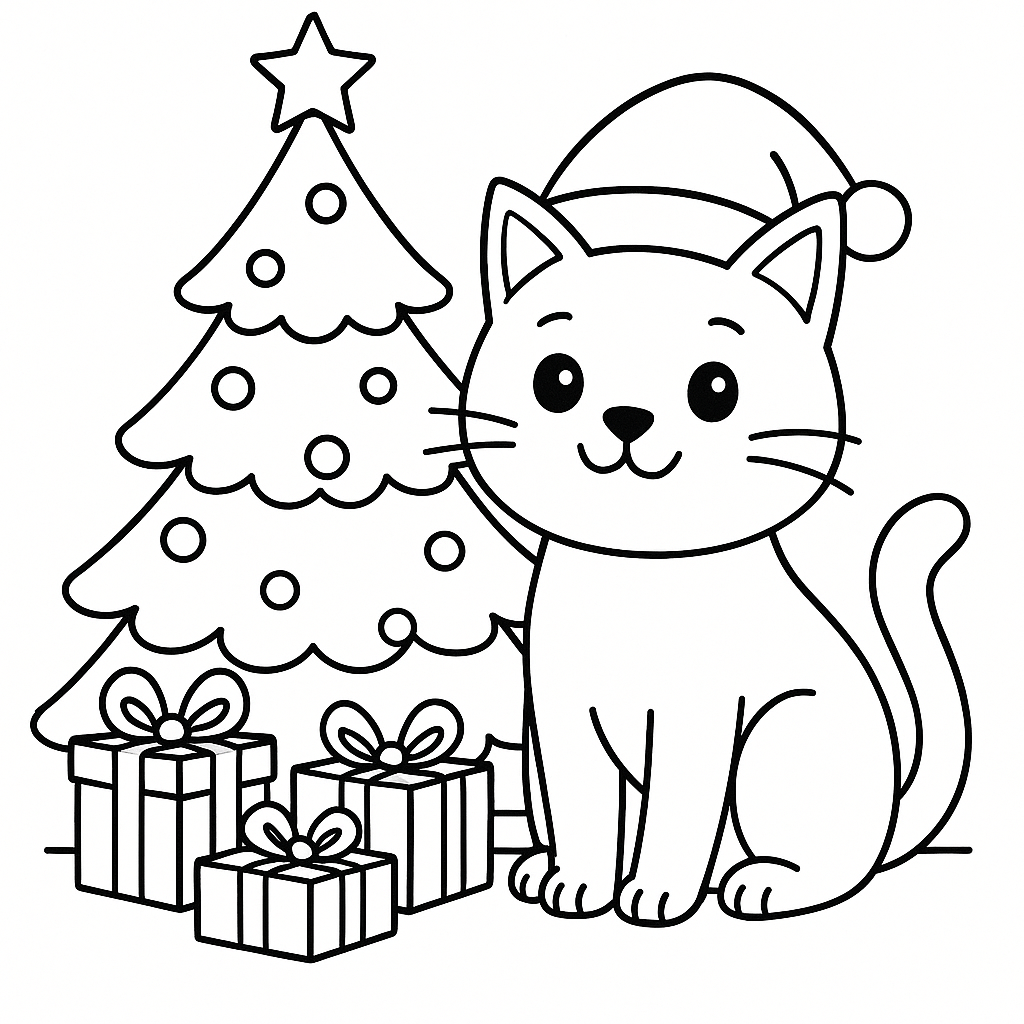 Cat Enjoying Christmas Presents Coloring Page - Free Coloring Page ...