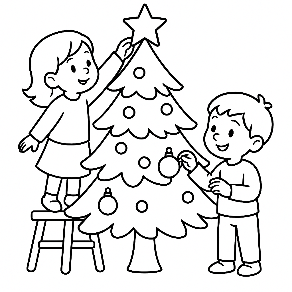 Christmas Tree Decorating Fun Coloring Page - Free Coloring Page ...