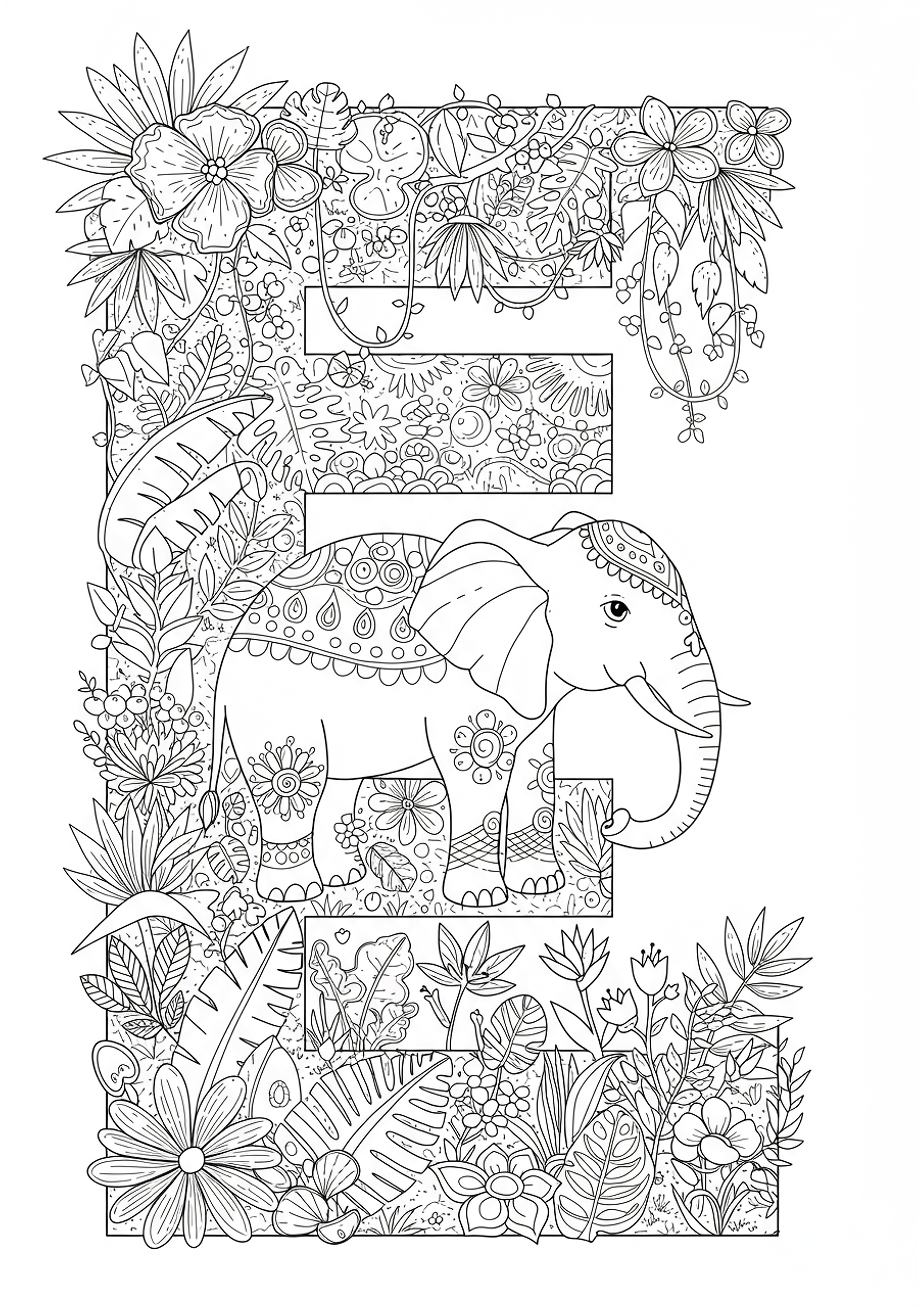 E is for Elephant in the Jungle Coloring Page - Free Coloring Page ...