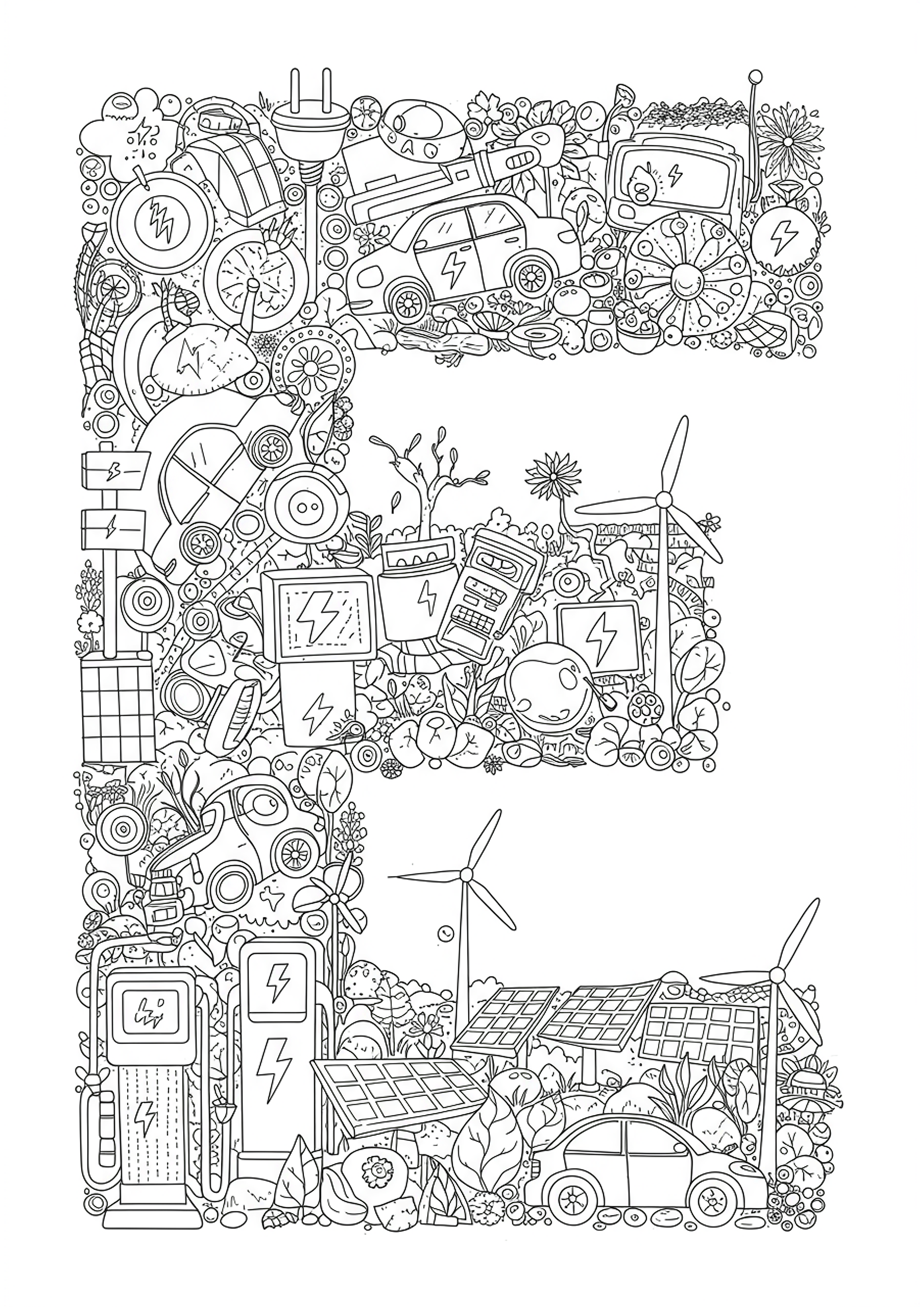 Electric Cars and Energy with Letter E - Free Coloring Page ...