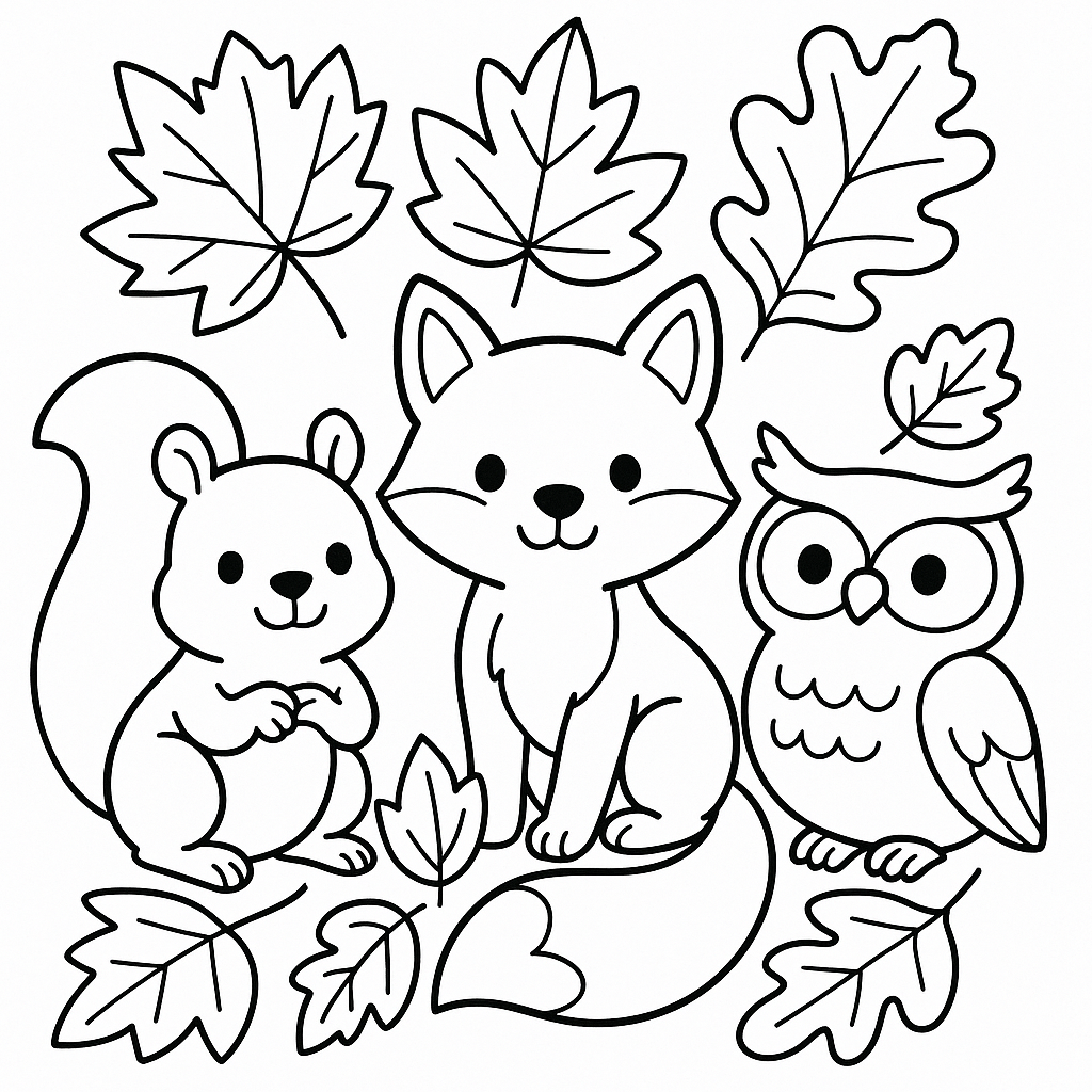 Friendly Woodland Animals in Fall - Free Coloring Page | TryColoringPages