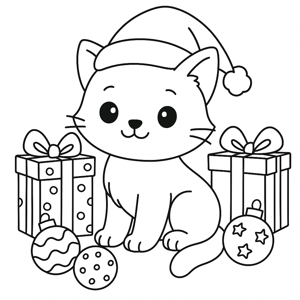 Kitty Celebrates Christmas - Free Coloring Page | TryColoringPages