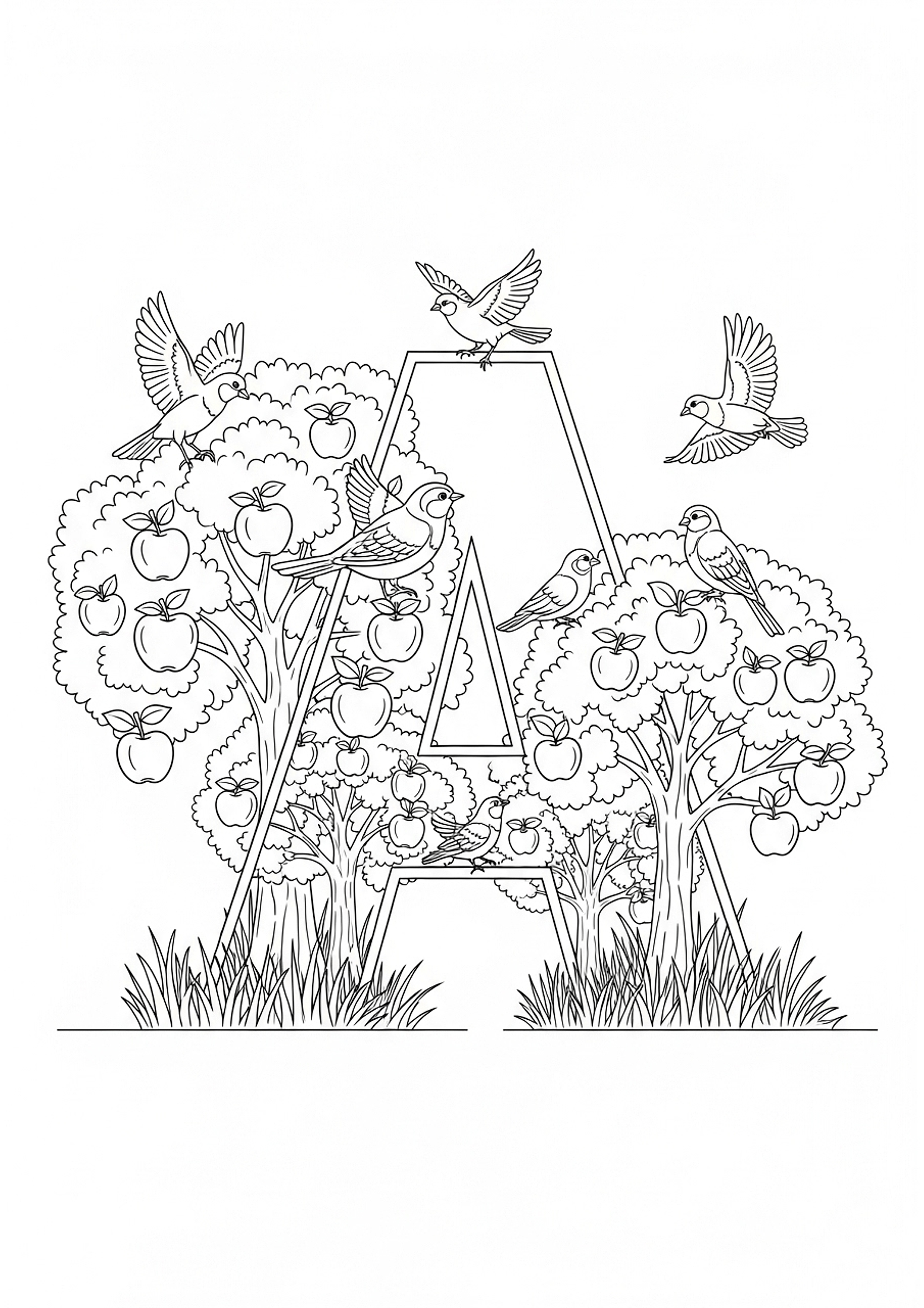 Letter A with Apple Orchard Scene Coloring Page - Free Coloring Page ...