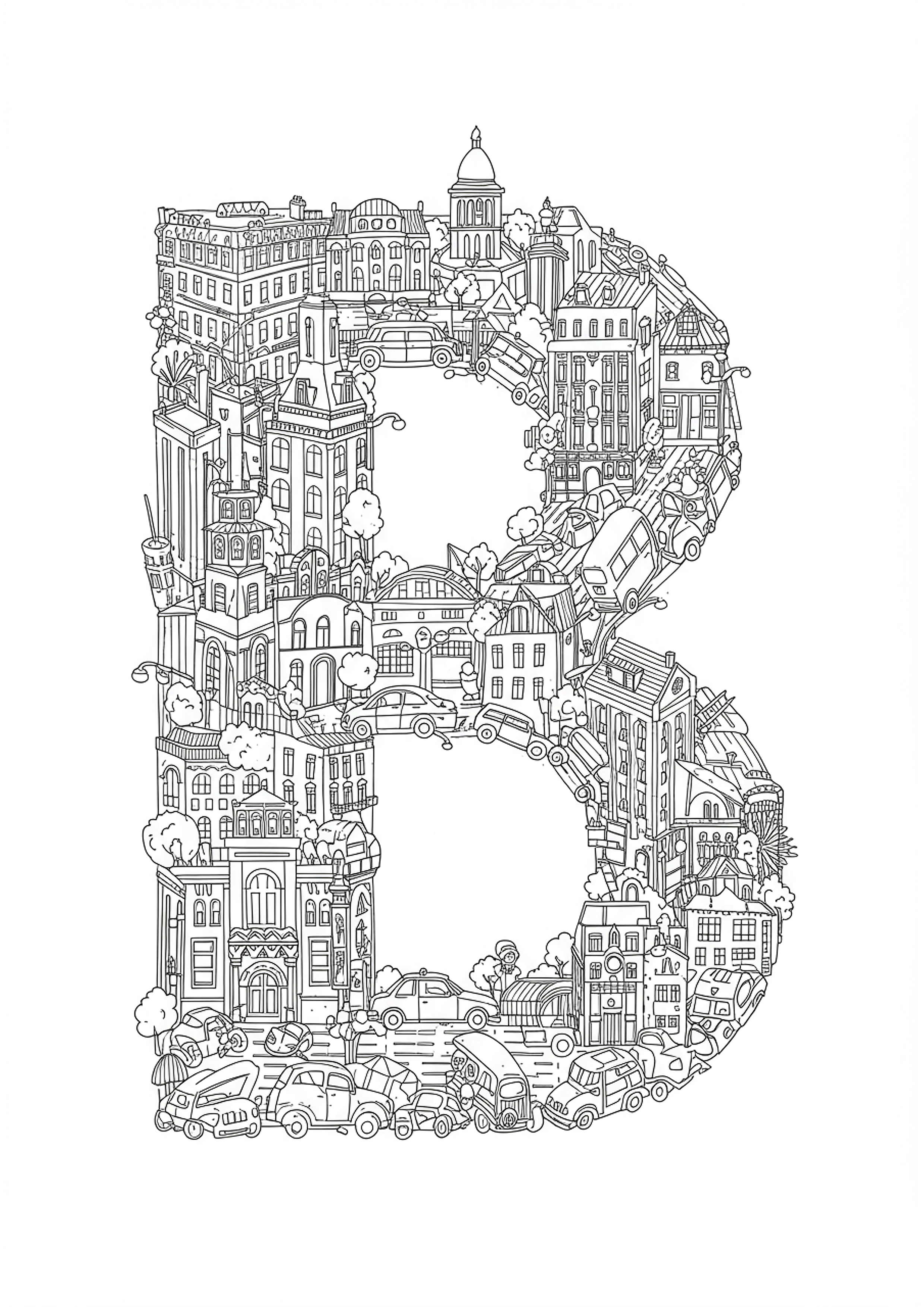Letter B with Busy Cityscape Coloring Page - Free Coloring Page ...