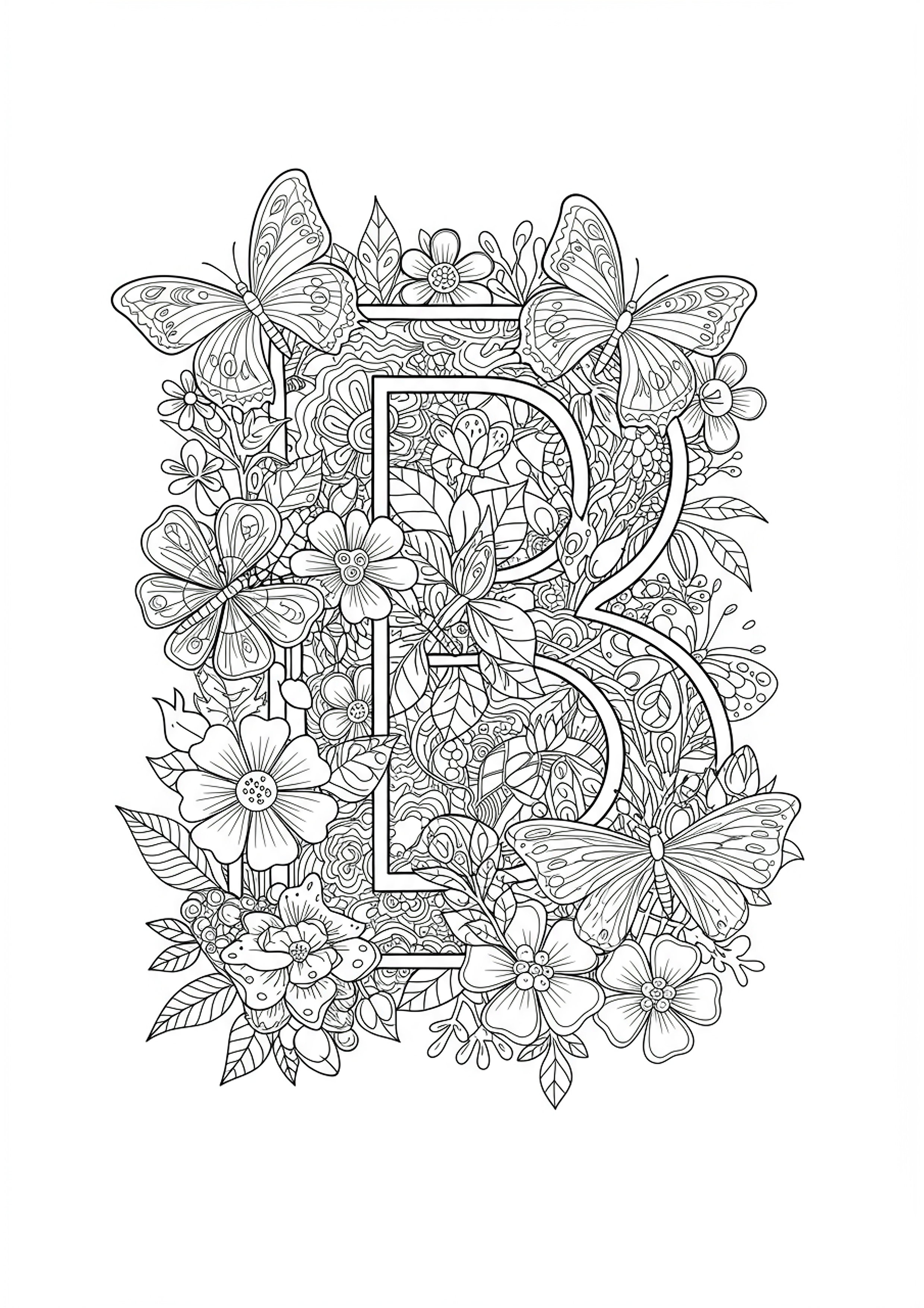 Letter B with Intricate Butterfly Garden Coloring Page - Free Coloring ...