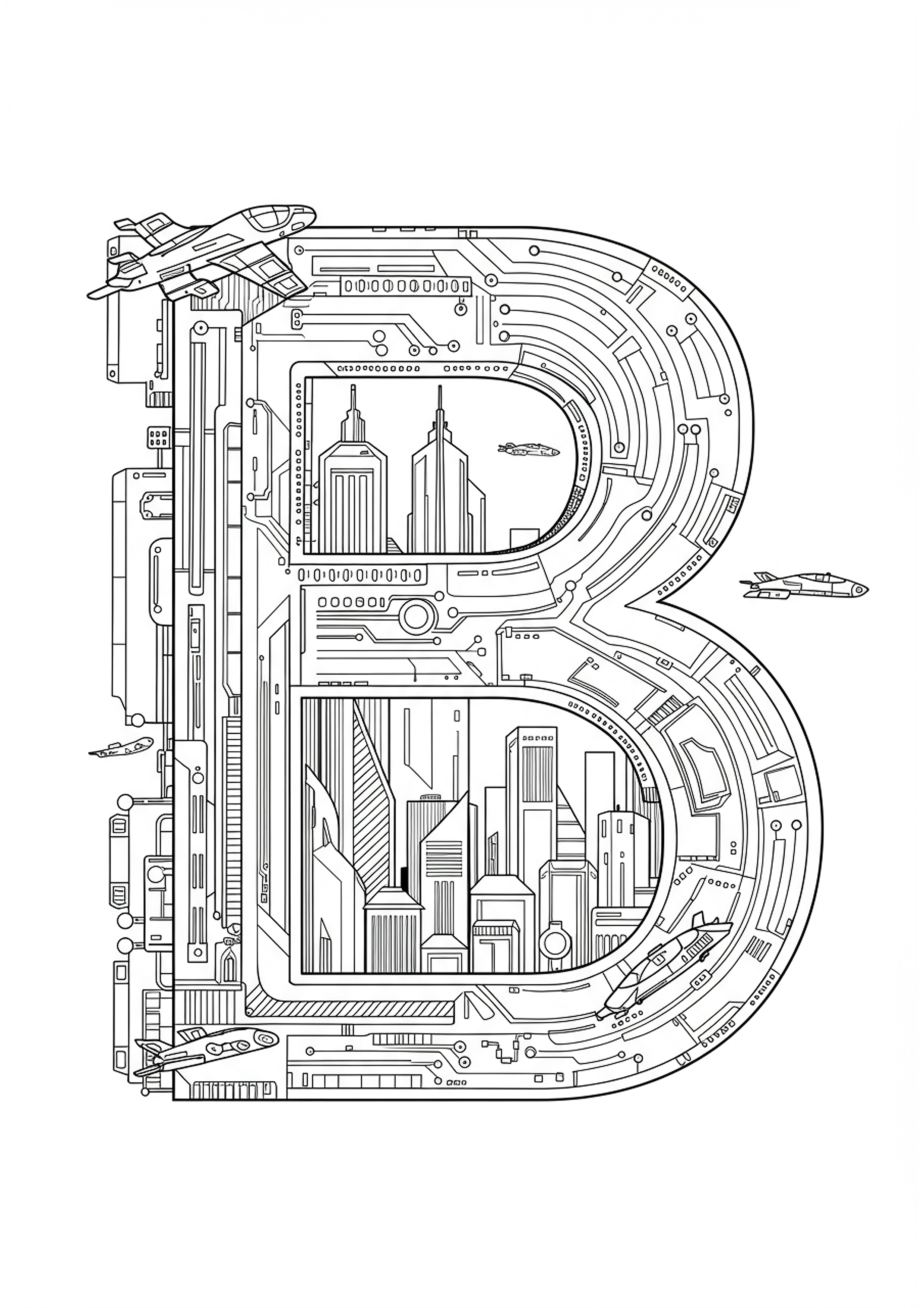 Letter B with Techno Futuristic Cityscape - Free Coloring Page ...