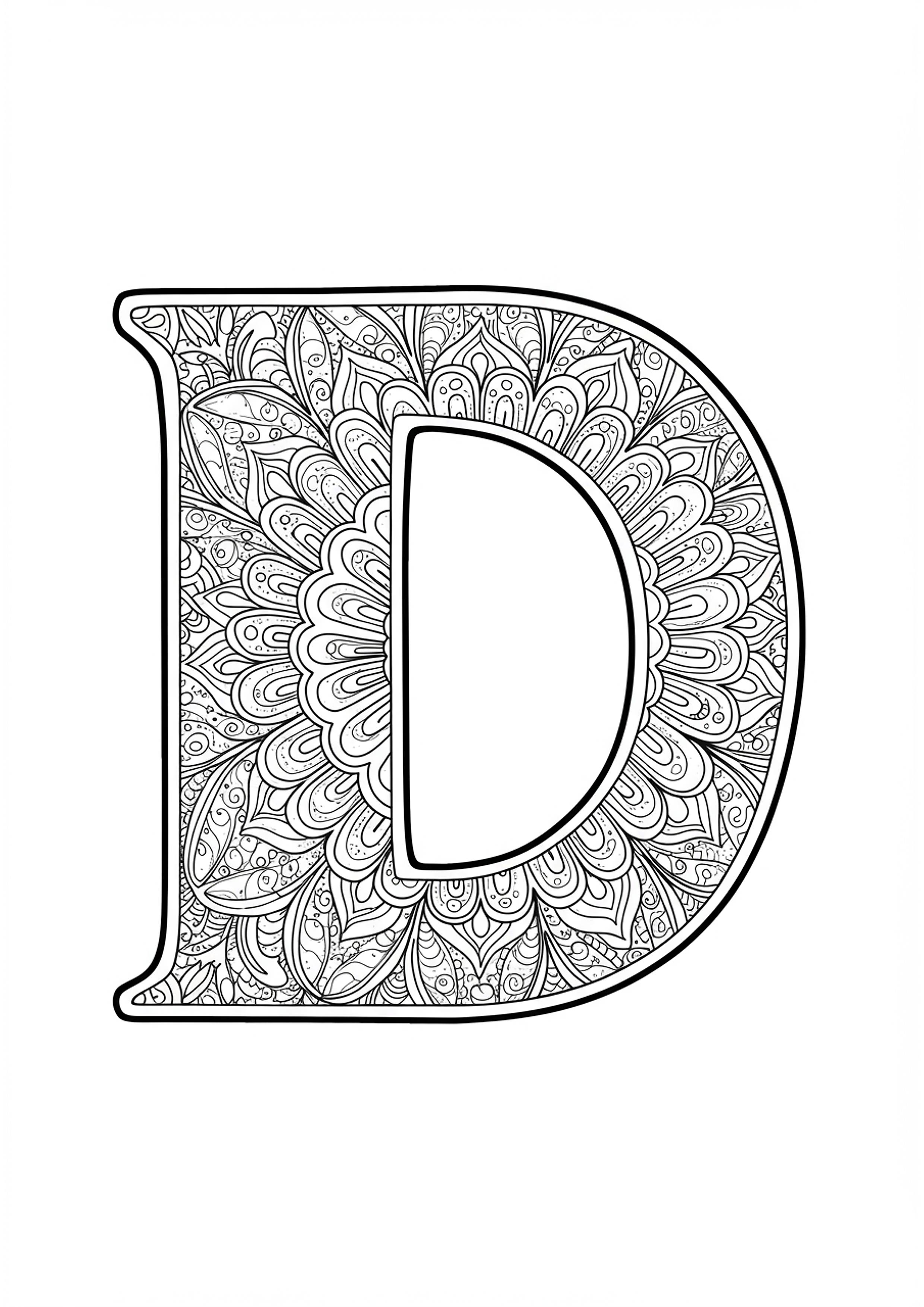 Letter D with Detailed Floral Lace - Free Coloring Page | TryColoringPages
