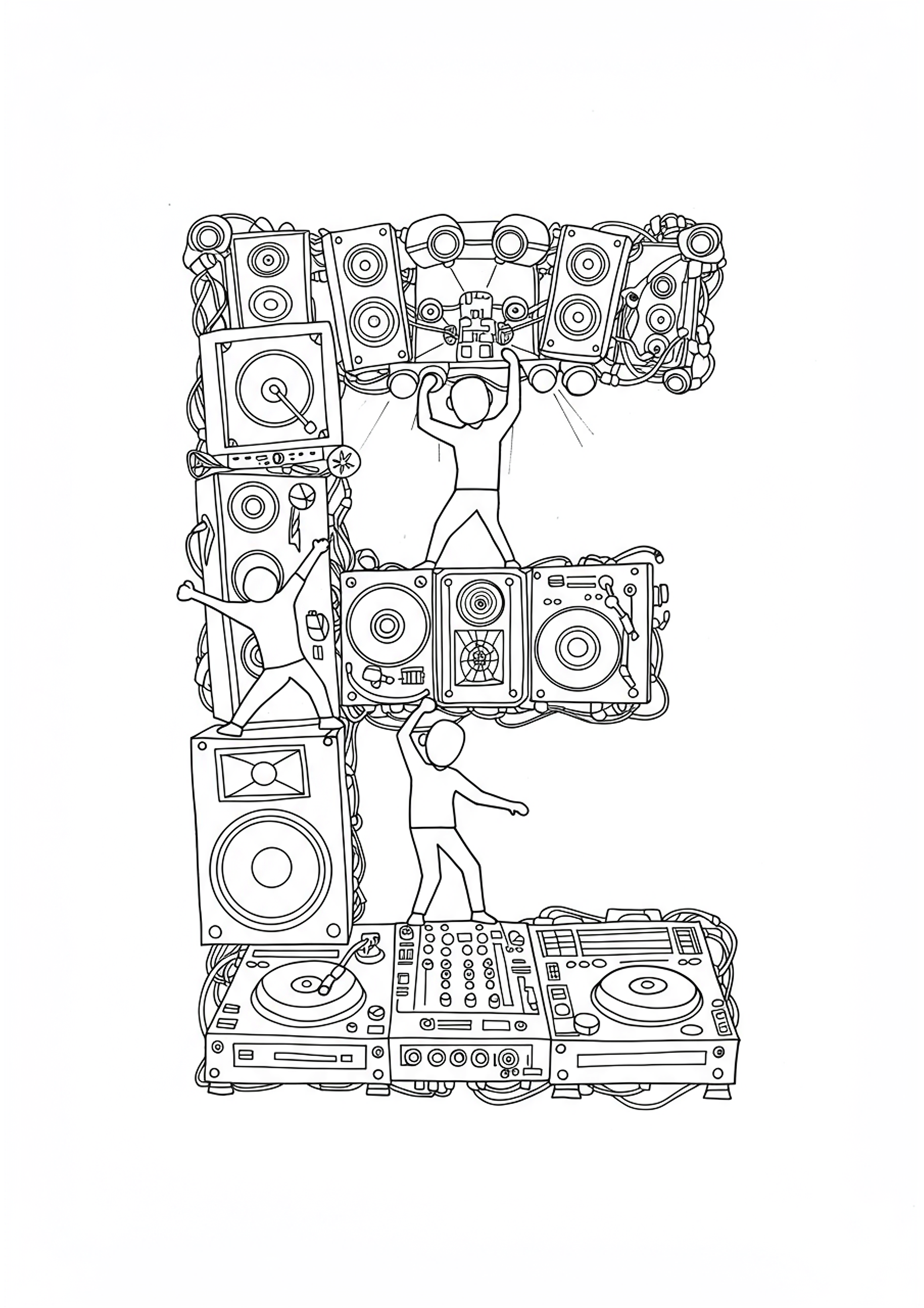 Letter E Coloring Page: Electronic Music Festival - Free Coloring Page ...