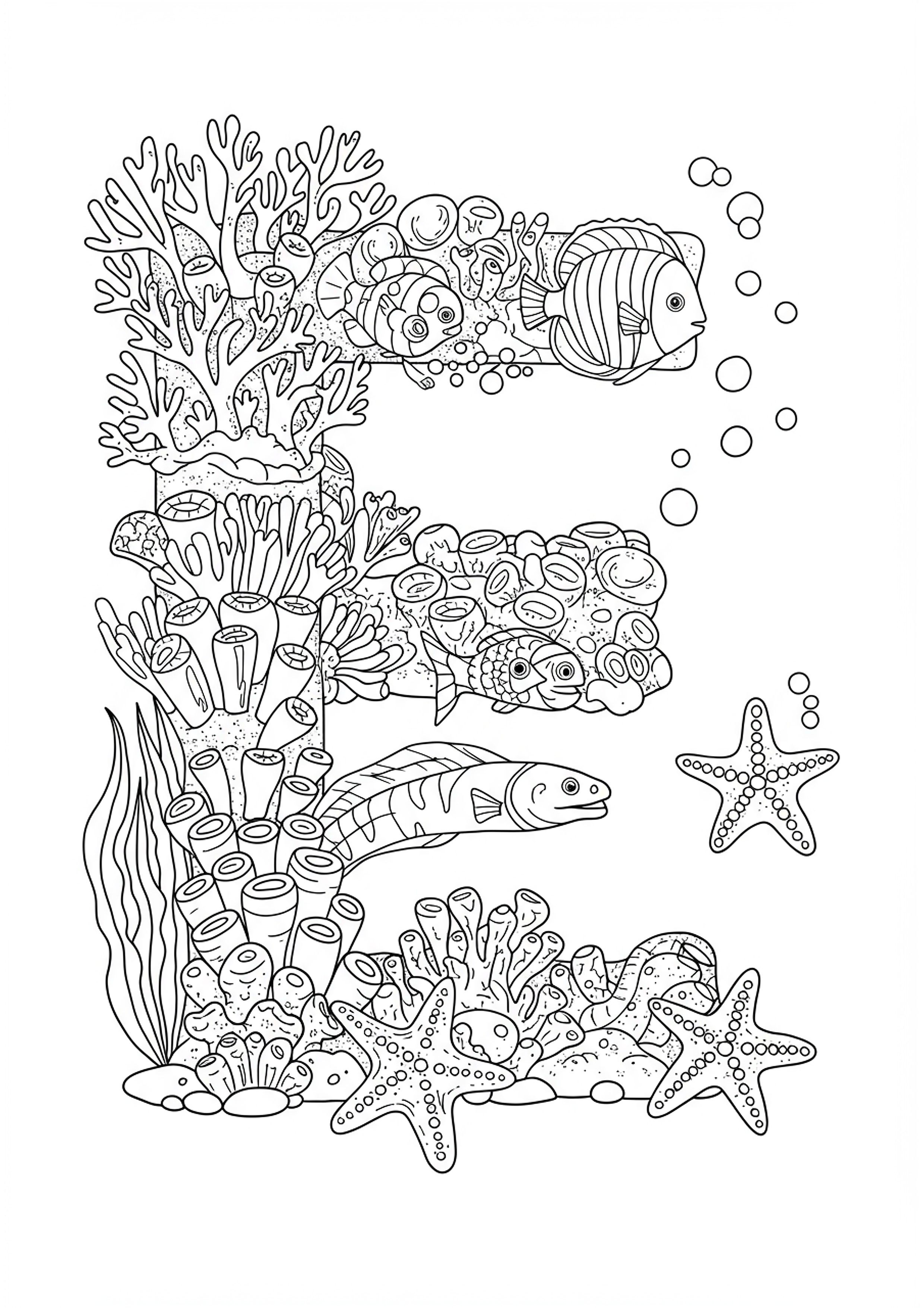 Letter E in an Underwater Ecosystem - Free Coloring Page | TryColoringPages