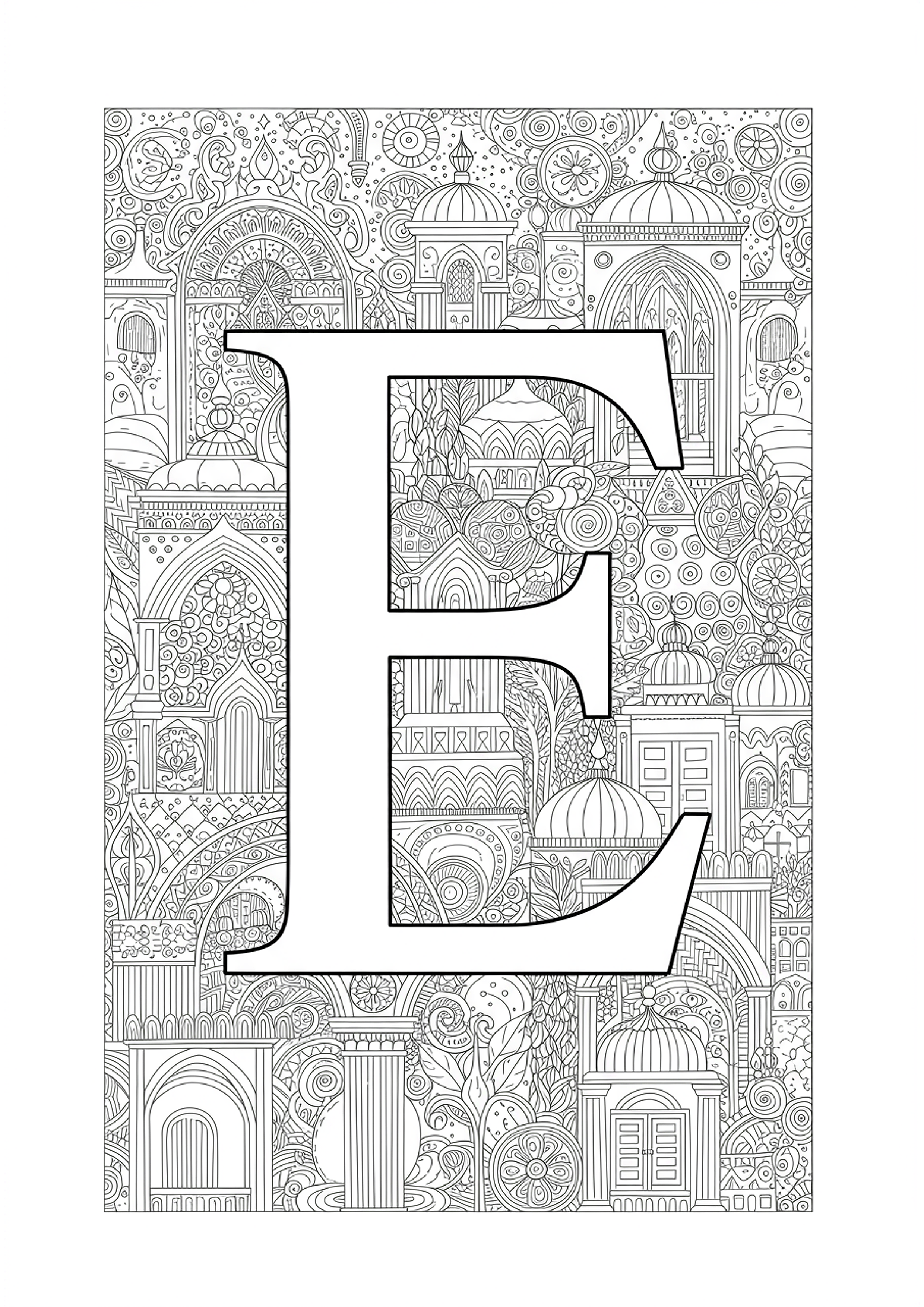 Letter E with Elegant Architectural Elements - Free Coloring Page ...