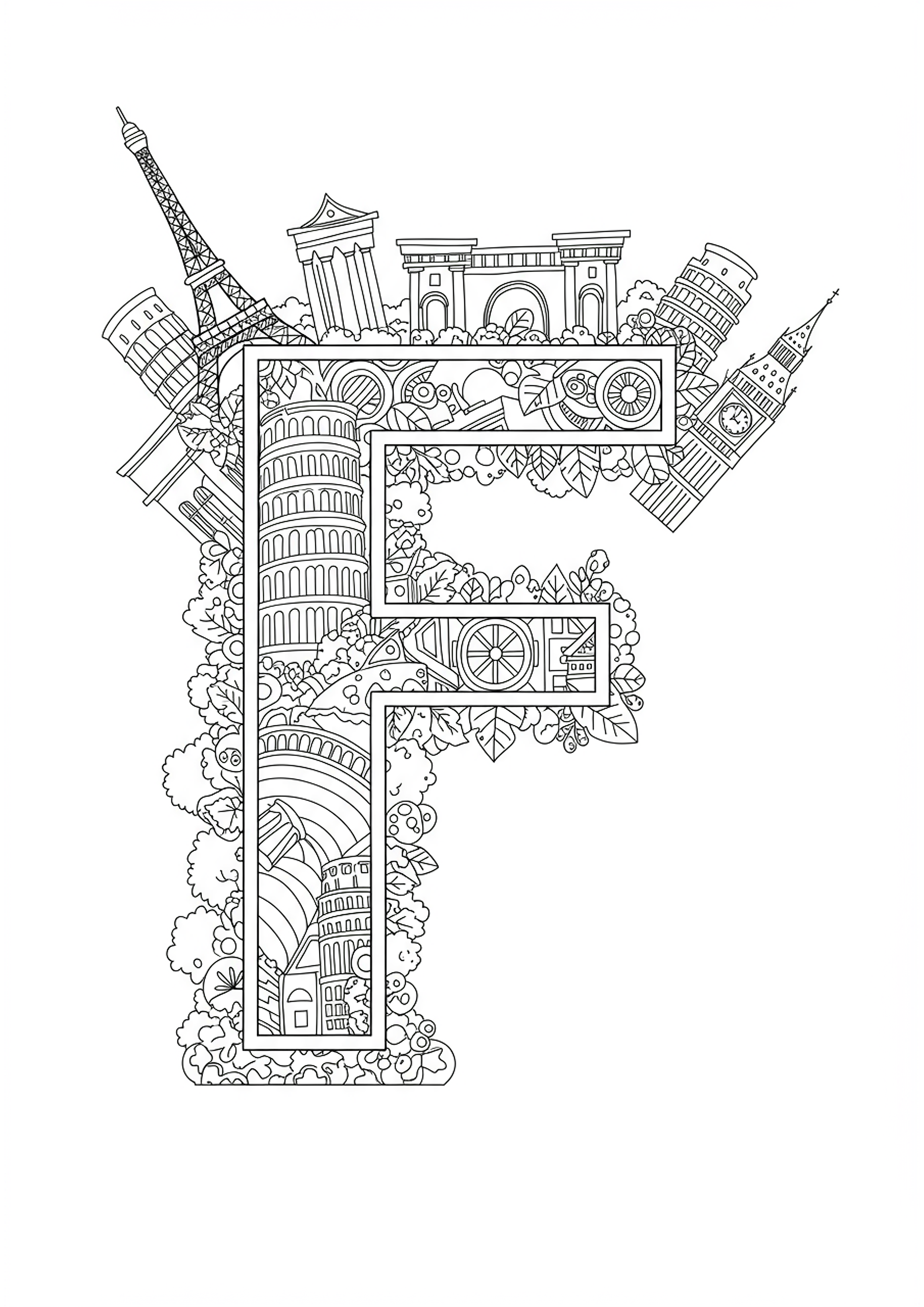 Letter F with Famous Landmarks - Free Coloring Page | TryColoringPages