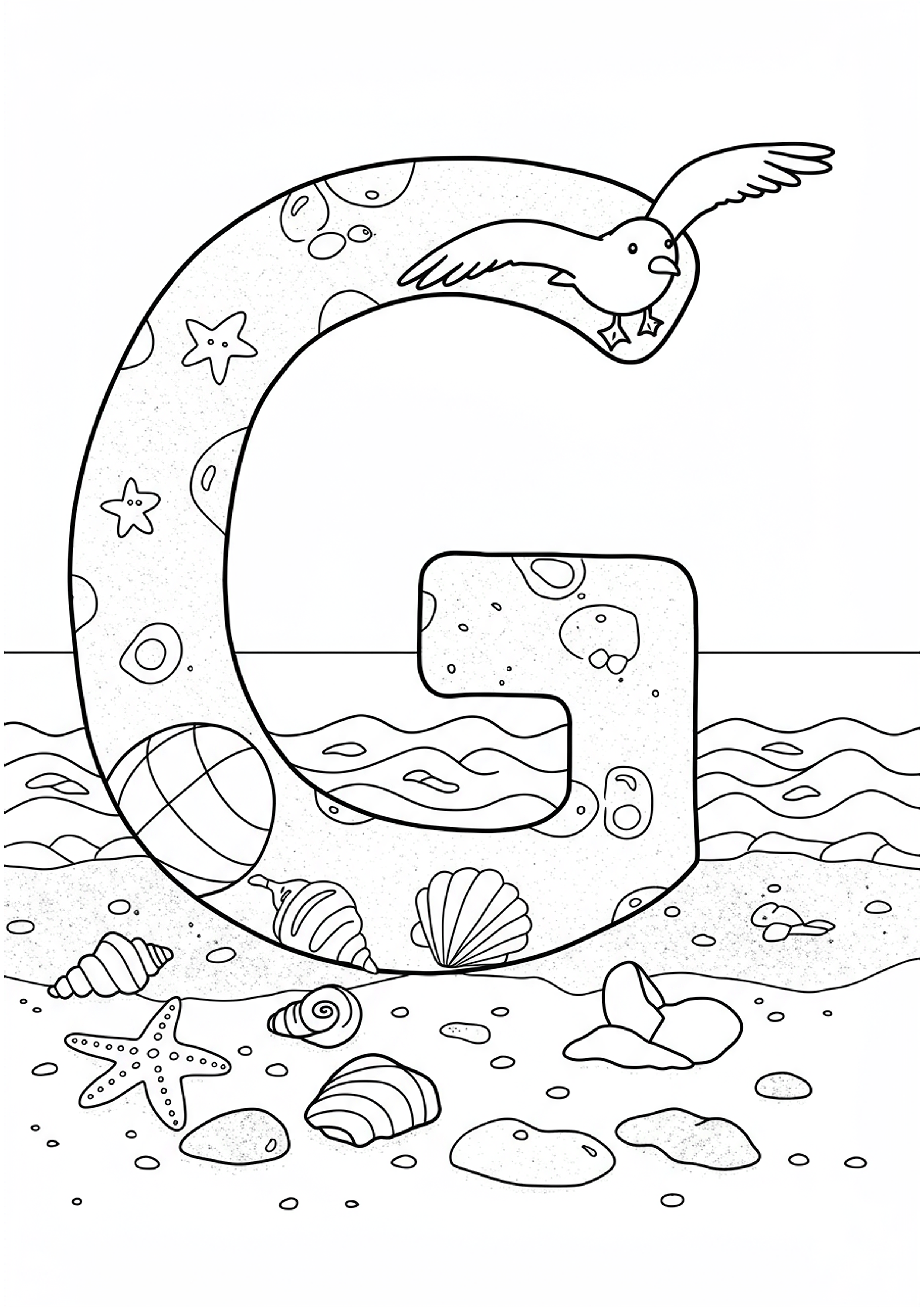 Letter G at the Beach with Seashells and Gull - Free Coloring Page ...