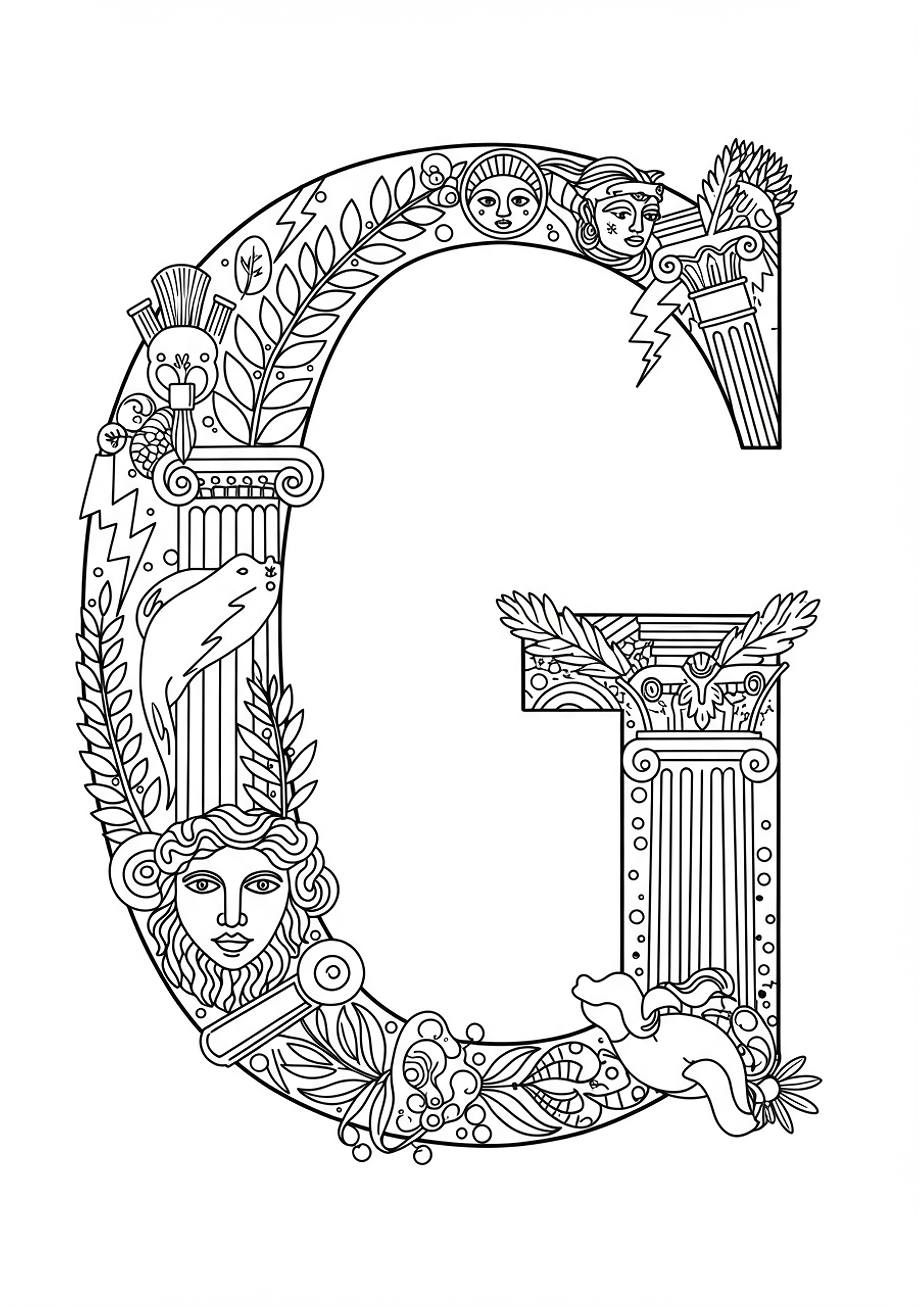 Letter G with Graeco-Roman Mythology Motifs - Free Coloring Page ...