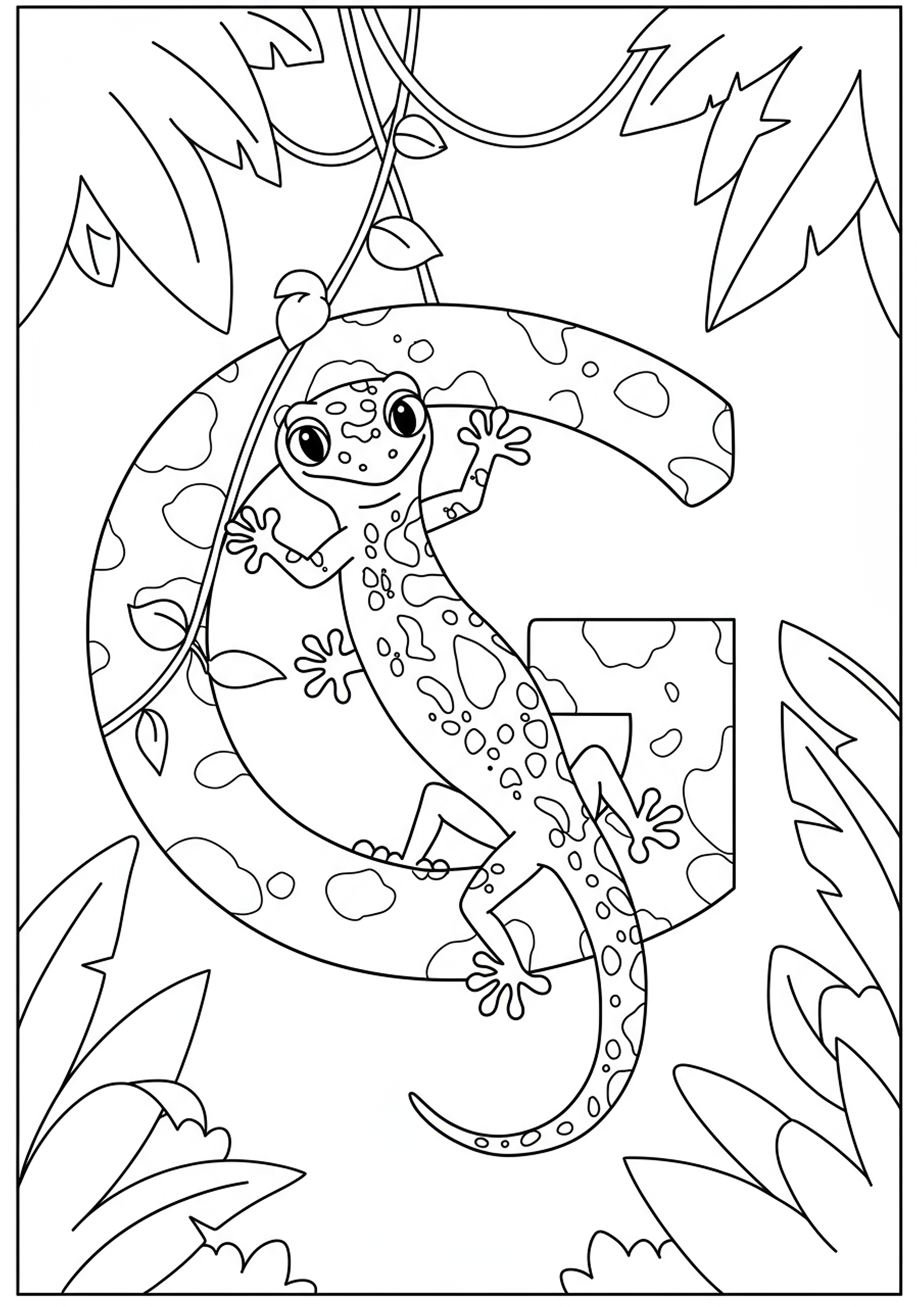 Letter G with Green Gecko in the Jungle - Free Coloring Page ...