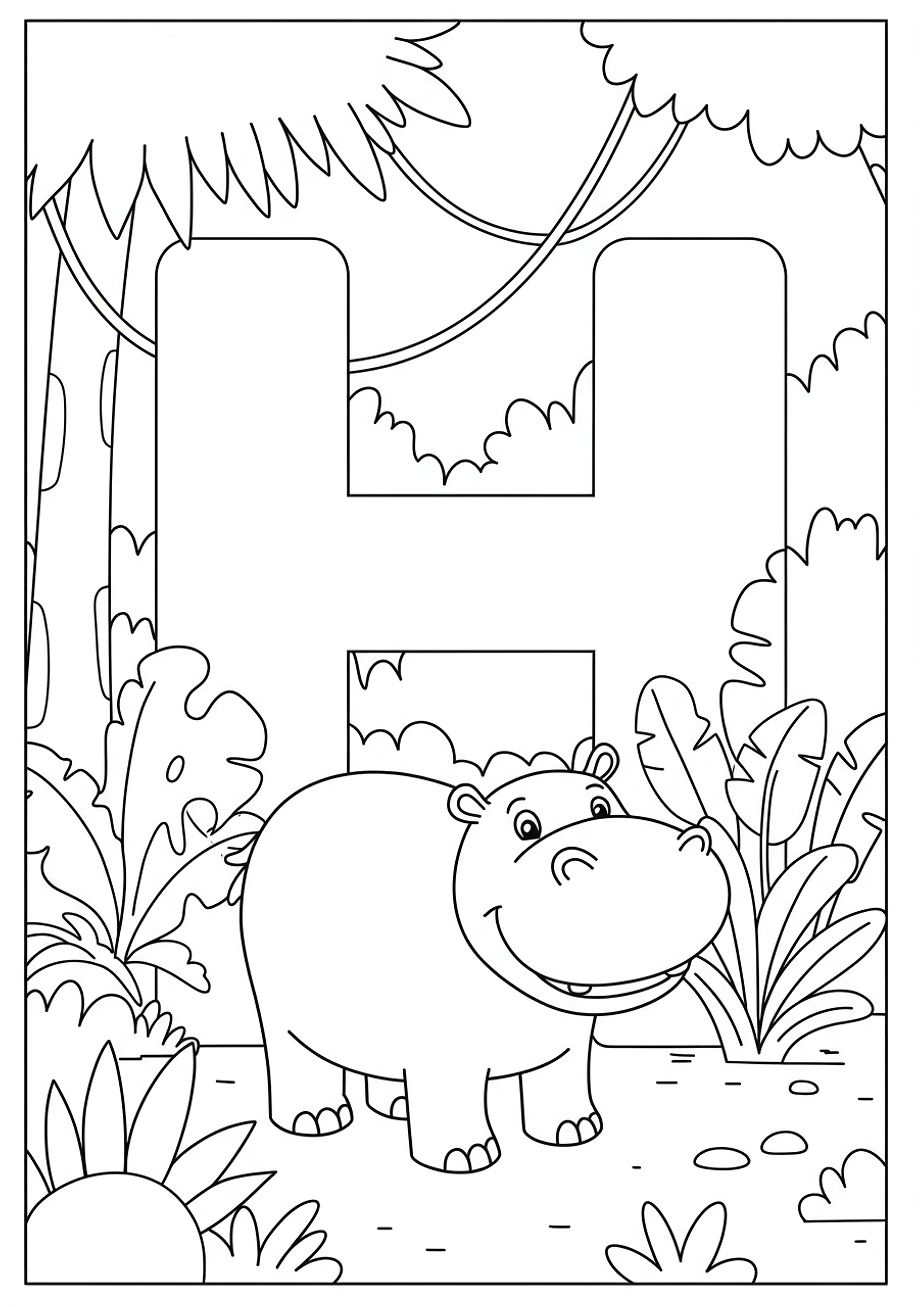 Letter H and Happy Hippo in the Jungle - Free Coloring Page ...