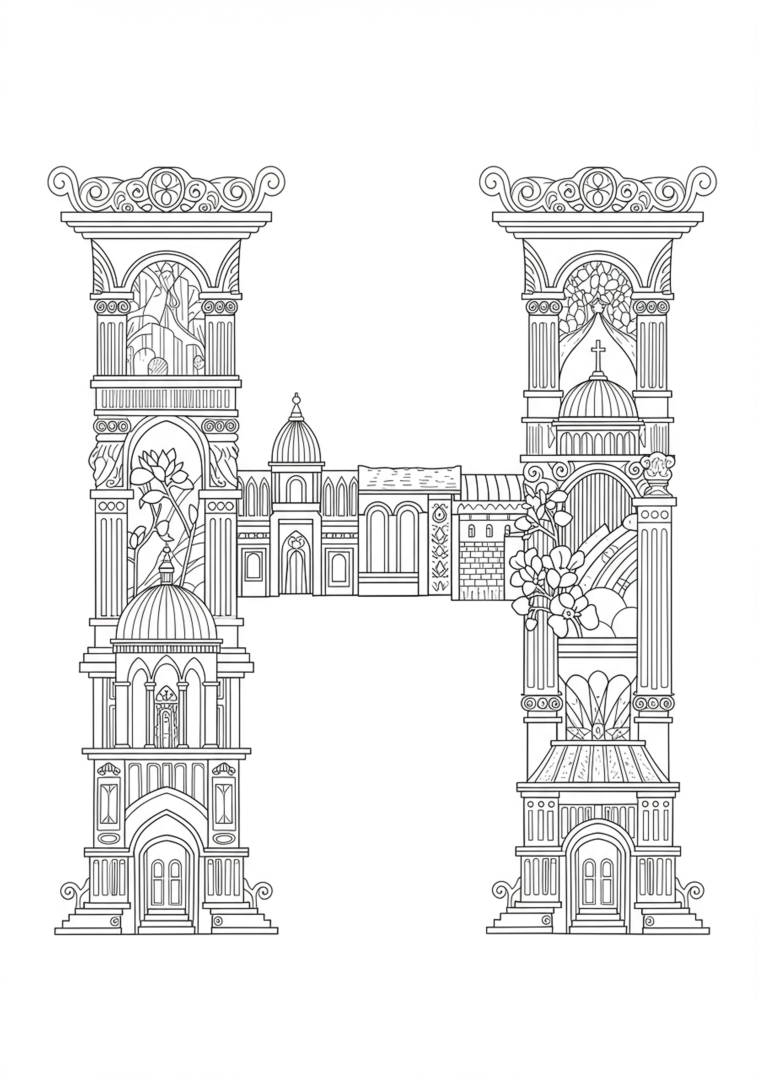 Letter H in Intricate Architectural Wonders - Free Coloring Page ...