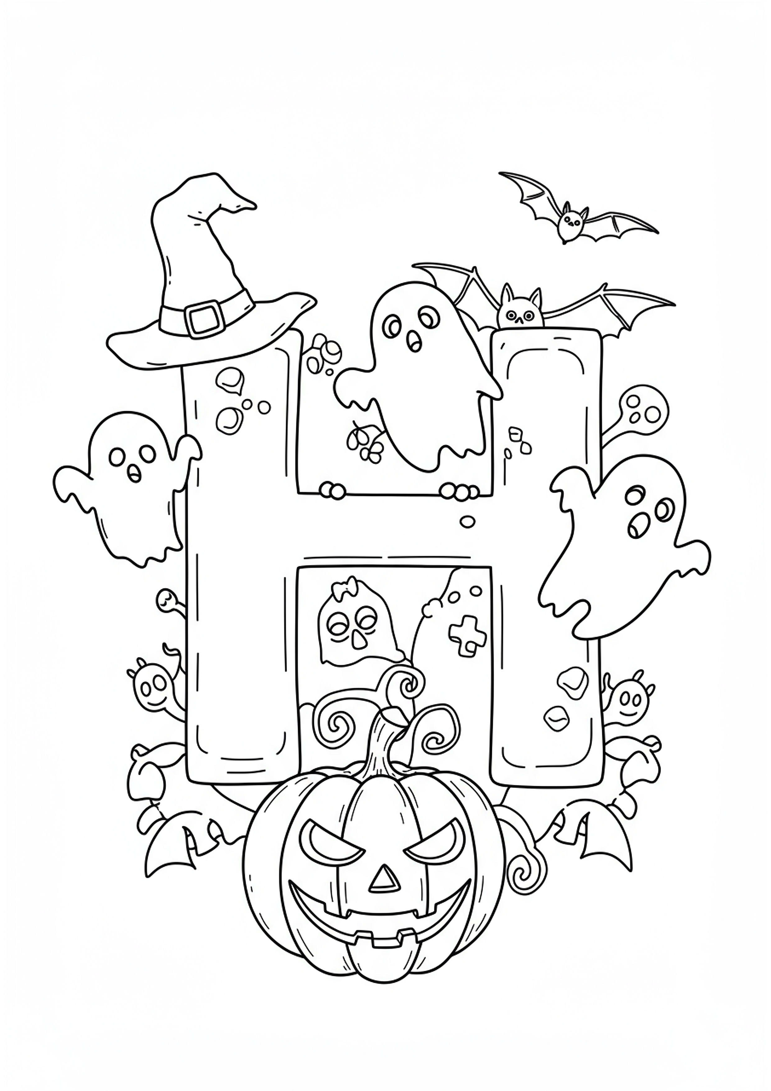 Letter H with Halloween Fun - Free Coloring Page | TryColoringPages