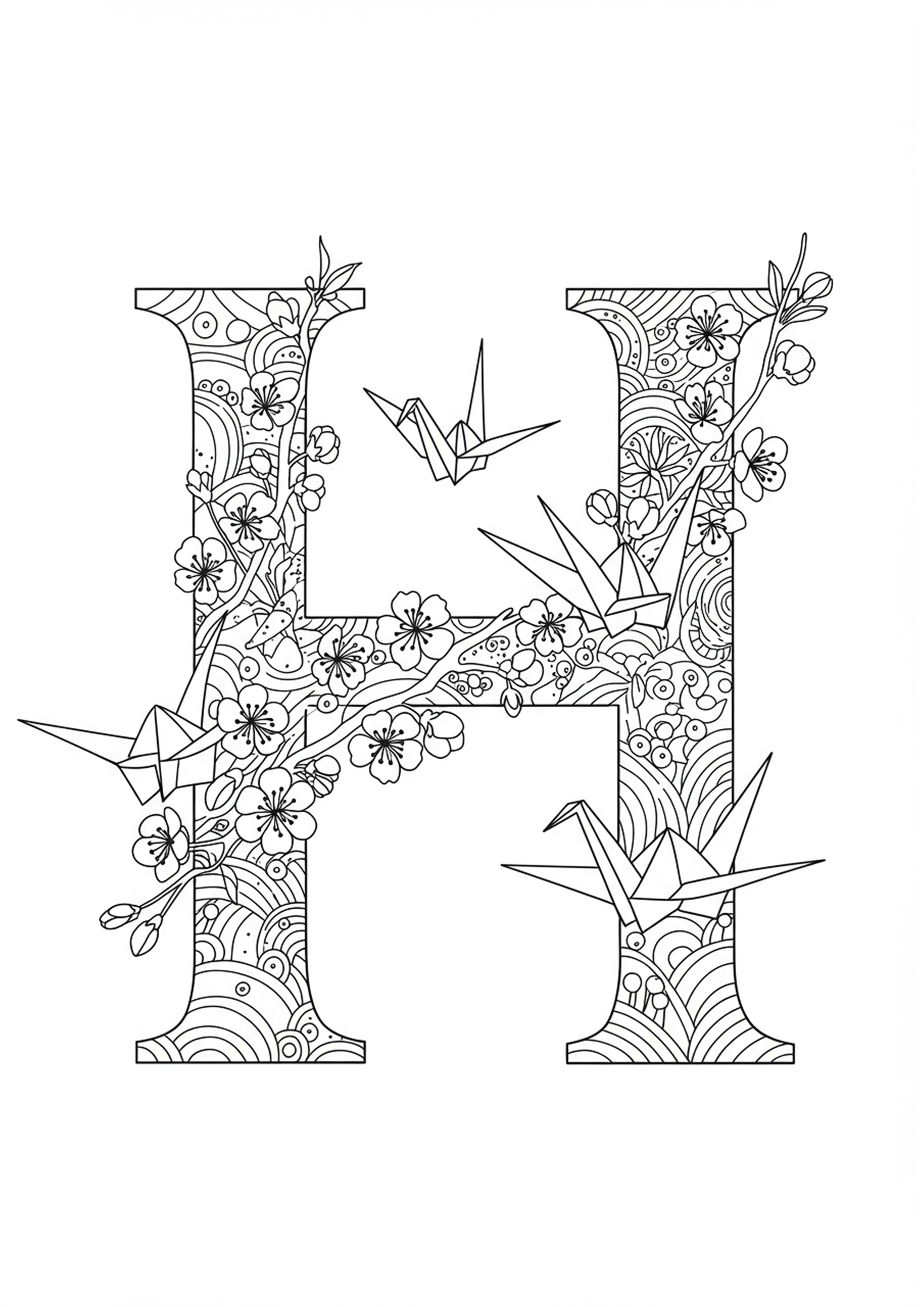 Letter H with Japanese Sakura Blossoms and Origami Coloring Page - Free ...