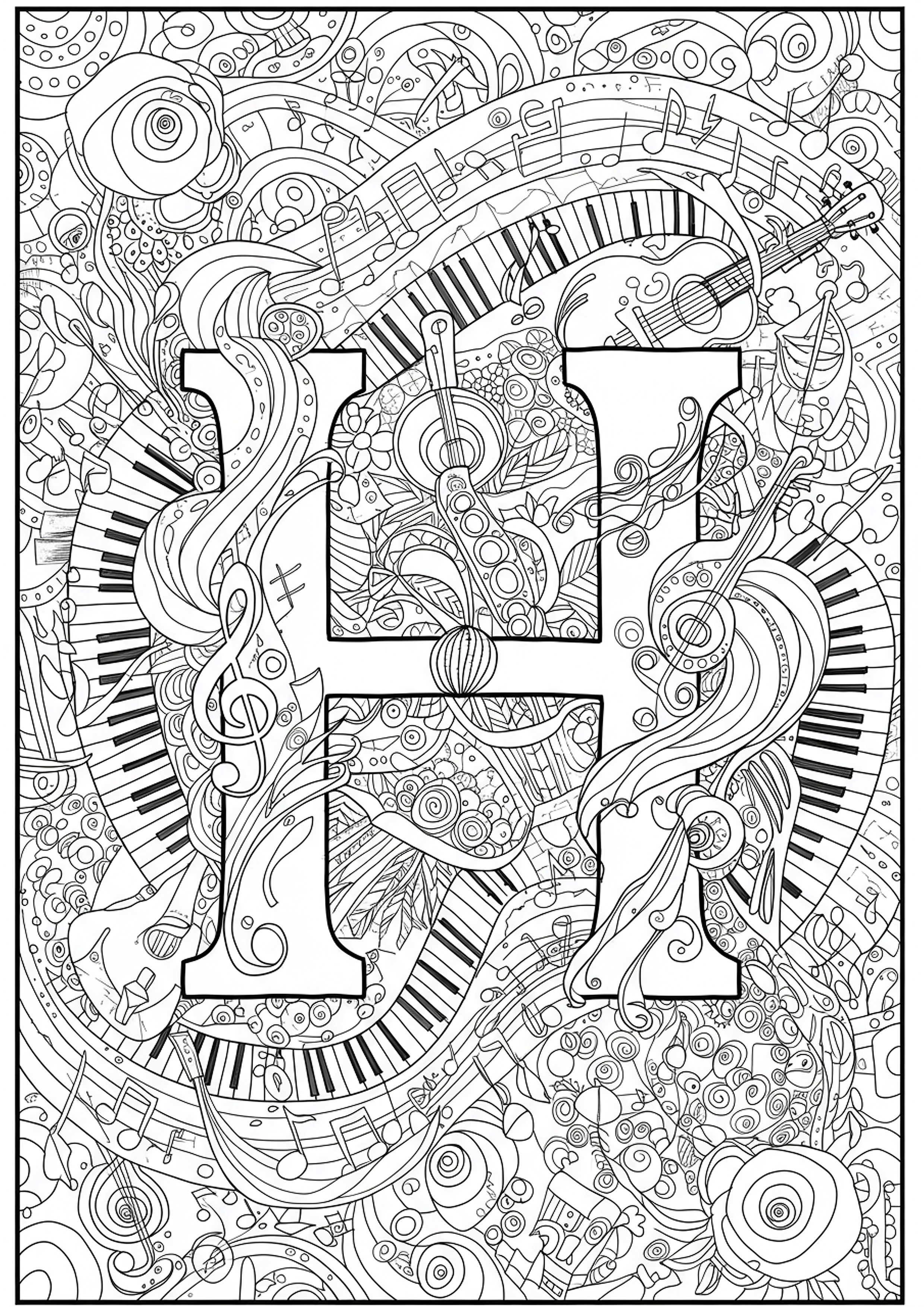 Letter H with Musical Harmony - Free Coloring Page | TryColoringPages