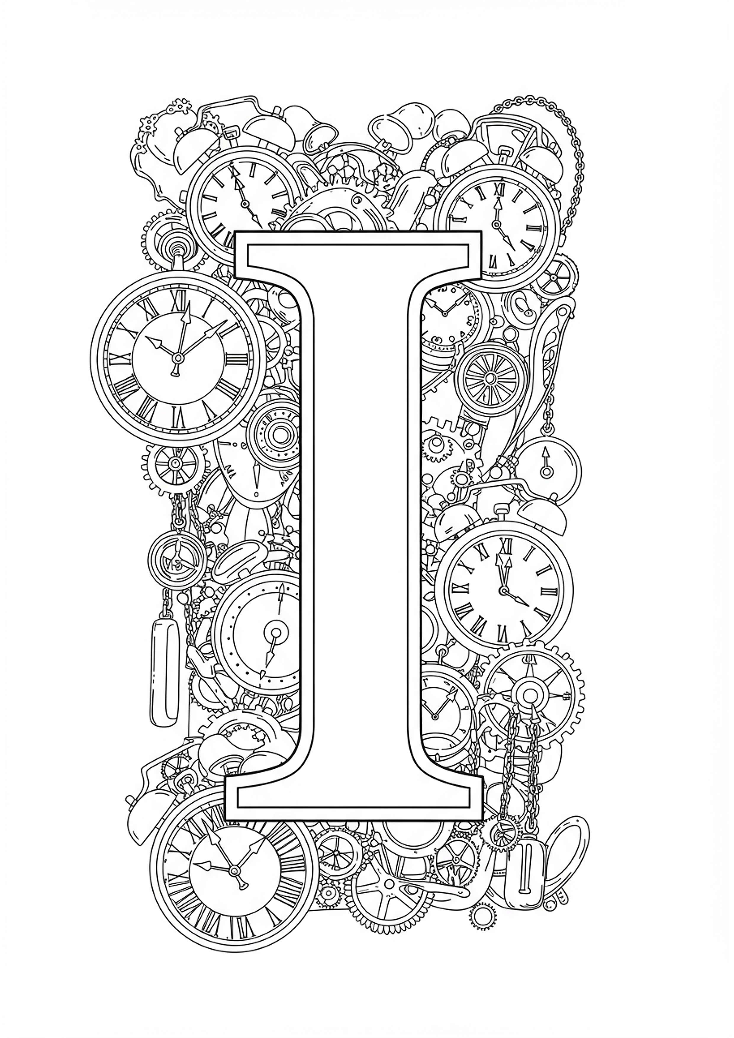 Letter I Vintage Clockwork and Timepieces Coloring Page - Free Coloring ...