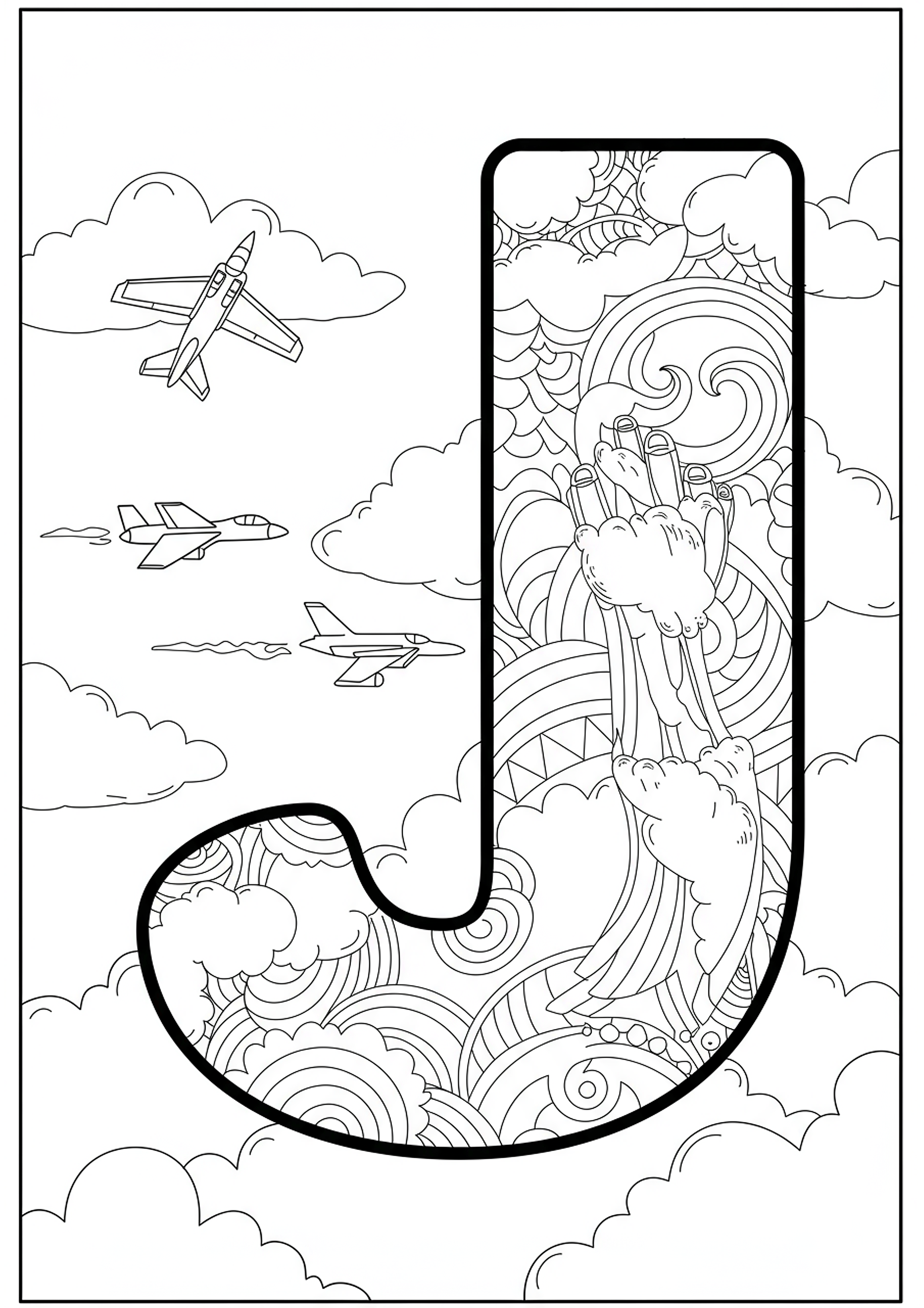 Letter J Jet Plane Adventure Coloring Page - Free Coloring Page | TryColoringPages