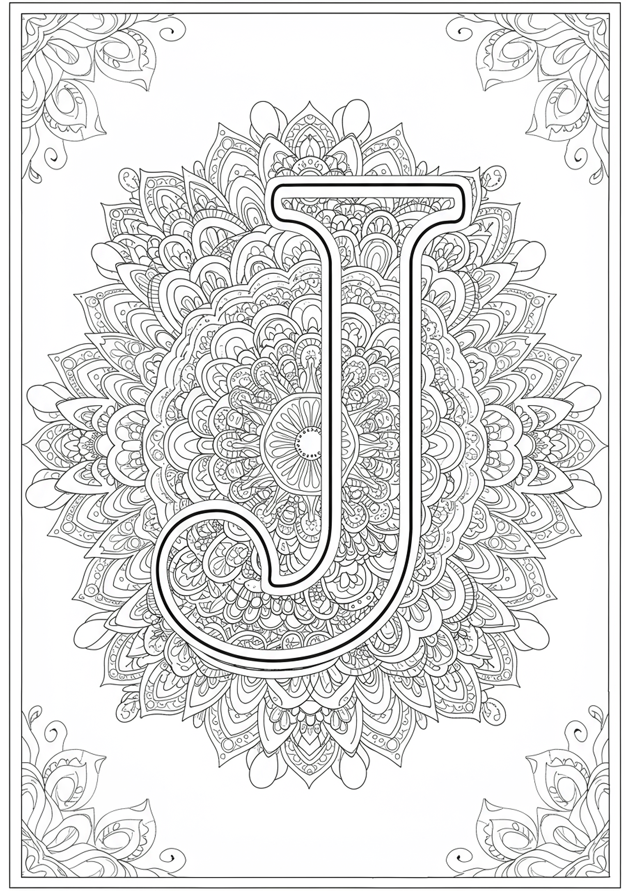 Letter J Surrounded by Mandala Gemstones - Free Coloring Page ...