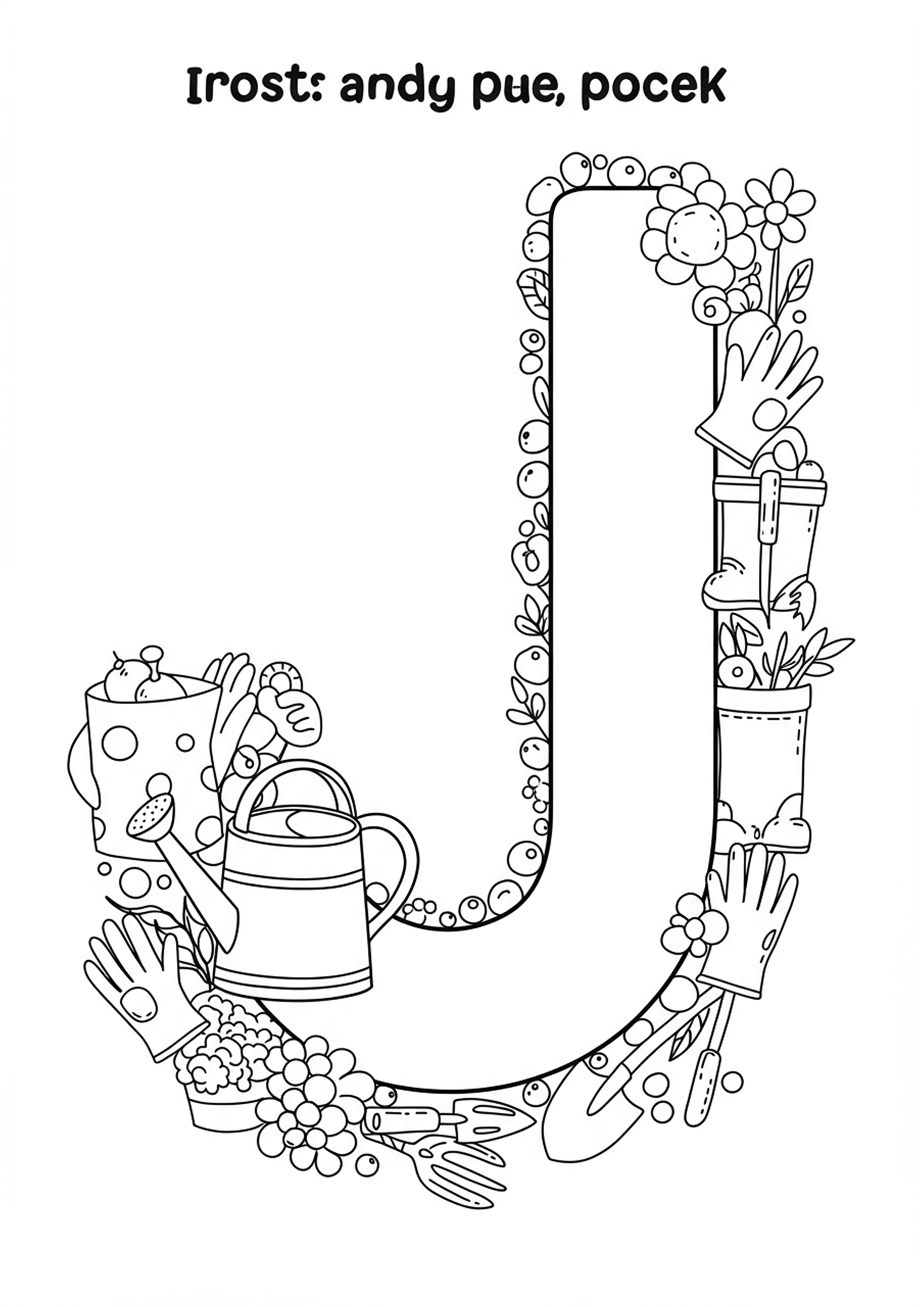 Letter J with Garden Tools - Free Coloring Page | TryColoringPages