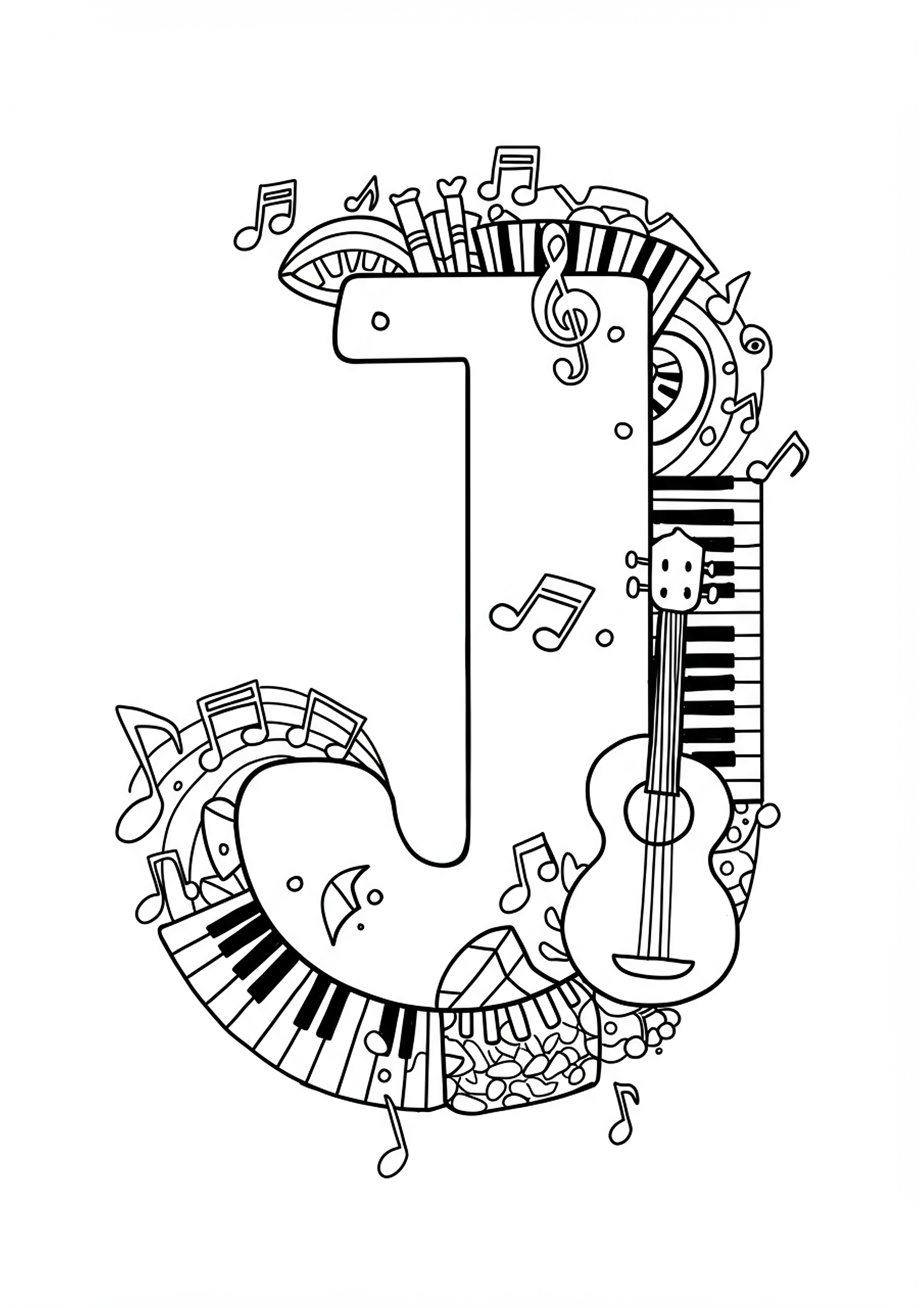 Letter J with Musical Notes - Free Coloring Page | TryColoringPages