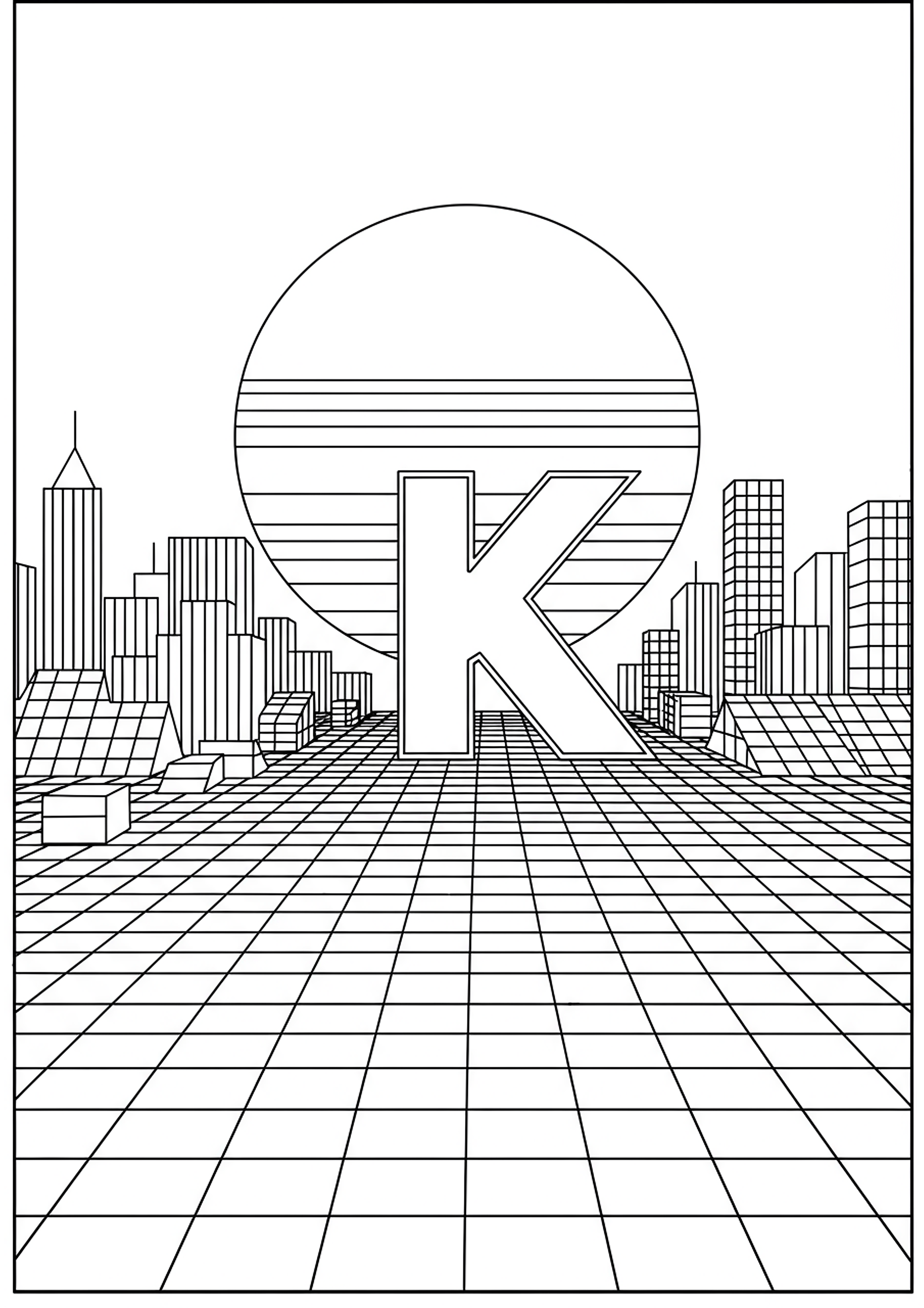 Letter K Retro 80s Synthwave Cityscape Coloring Page - Free Coloring ...