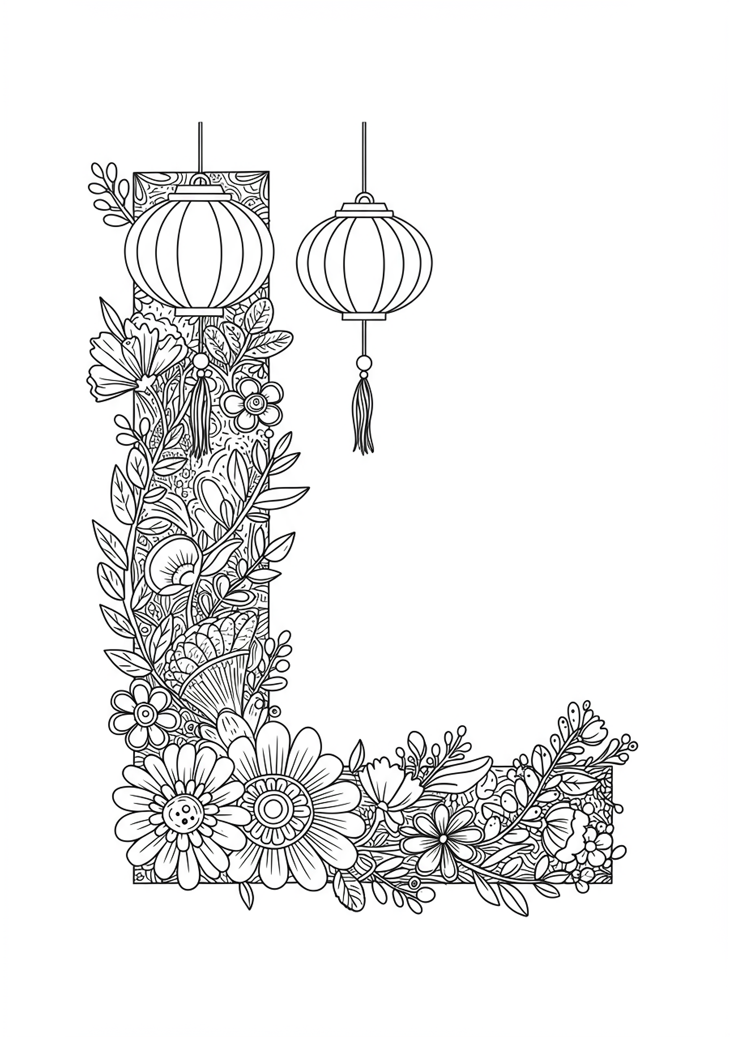 Letter L Coloring Page: Floral Lanterns Festival - Free Coloring Page ...