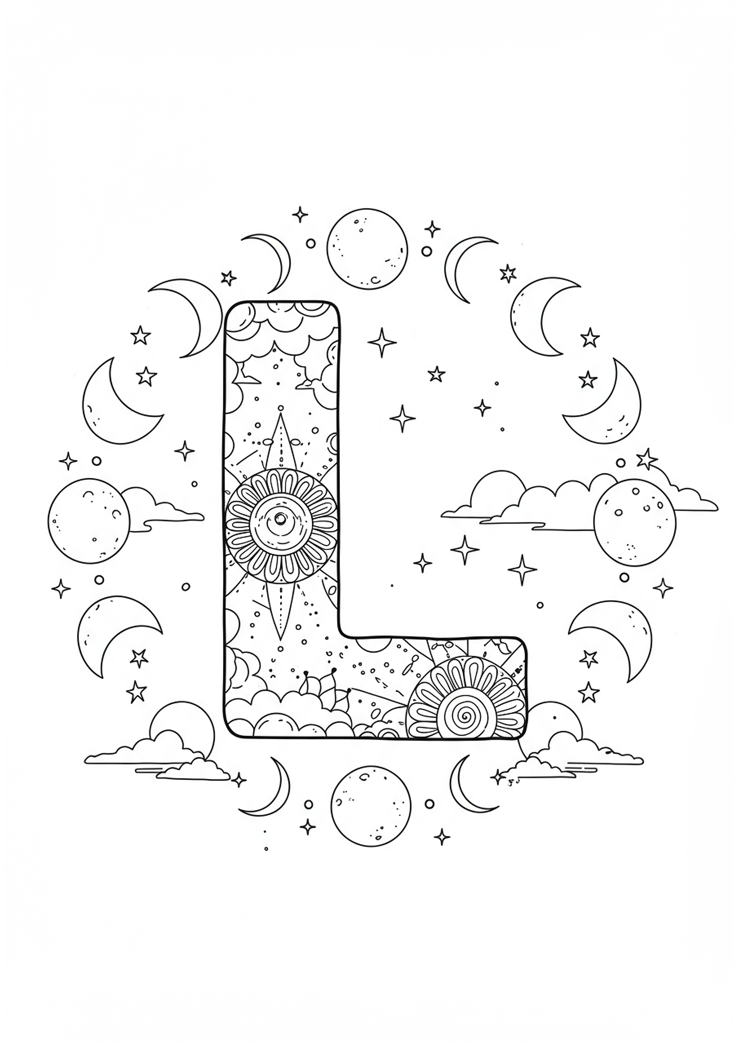 Letter L Surrounded by Lunar Phases - Free Coloring Page | TryColoringPages