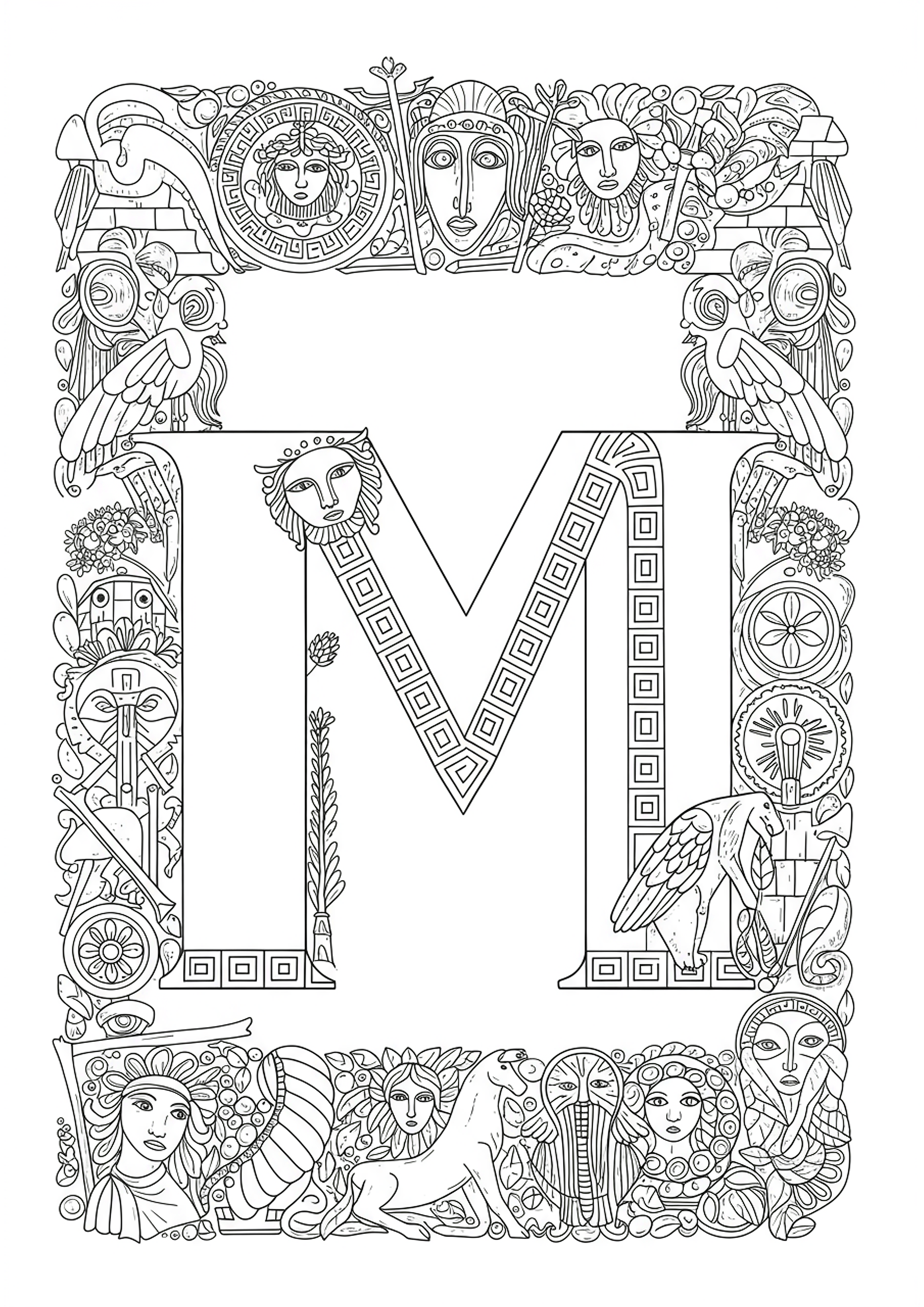 Letter M with Ancient Mythology Symbols - Free Coloring Page ...
