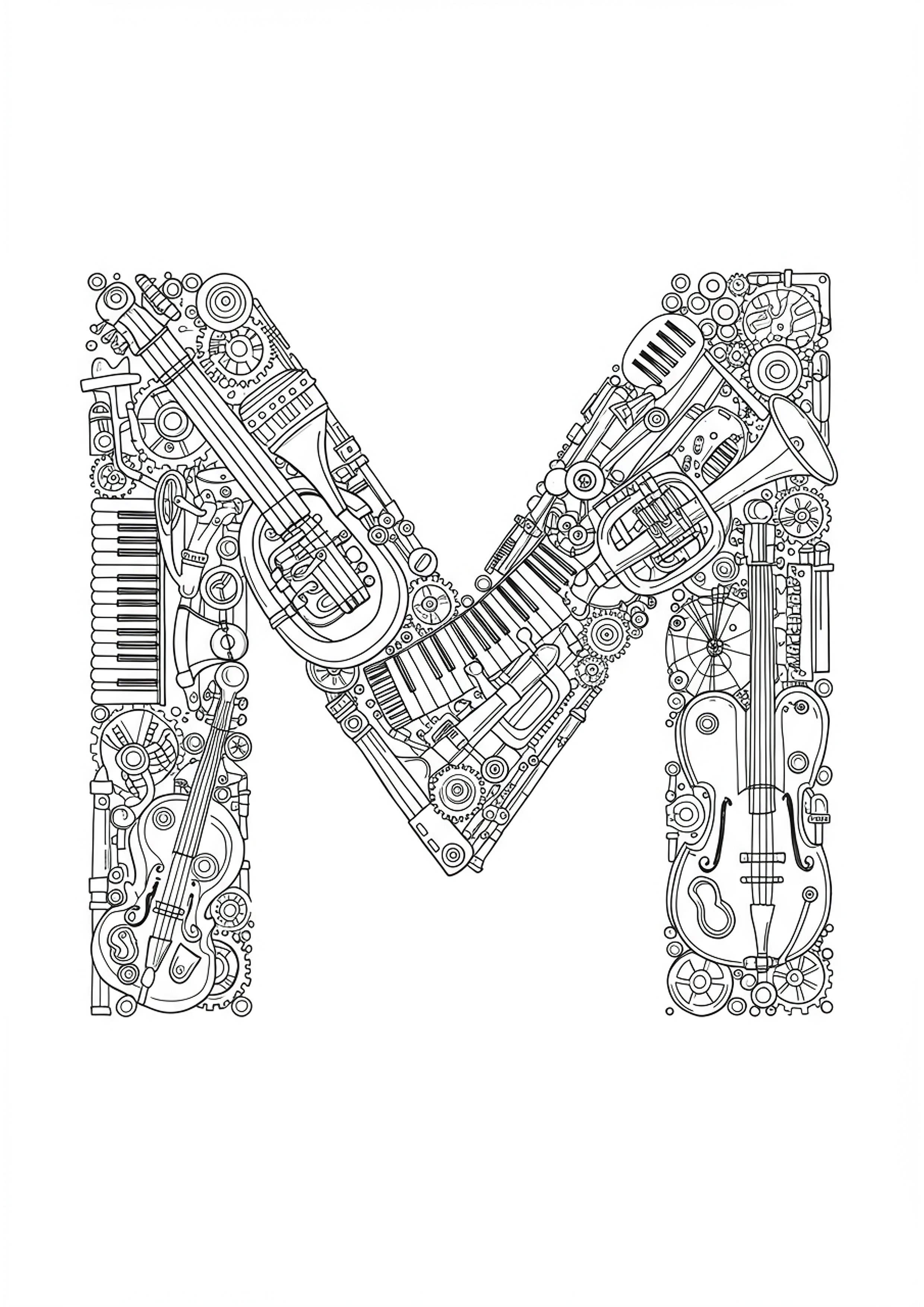 Letter M with Mechanical Musical Instruments - Free Coloring Page ...