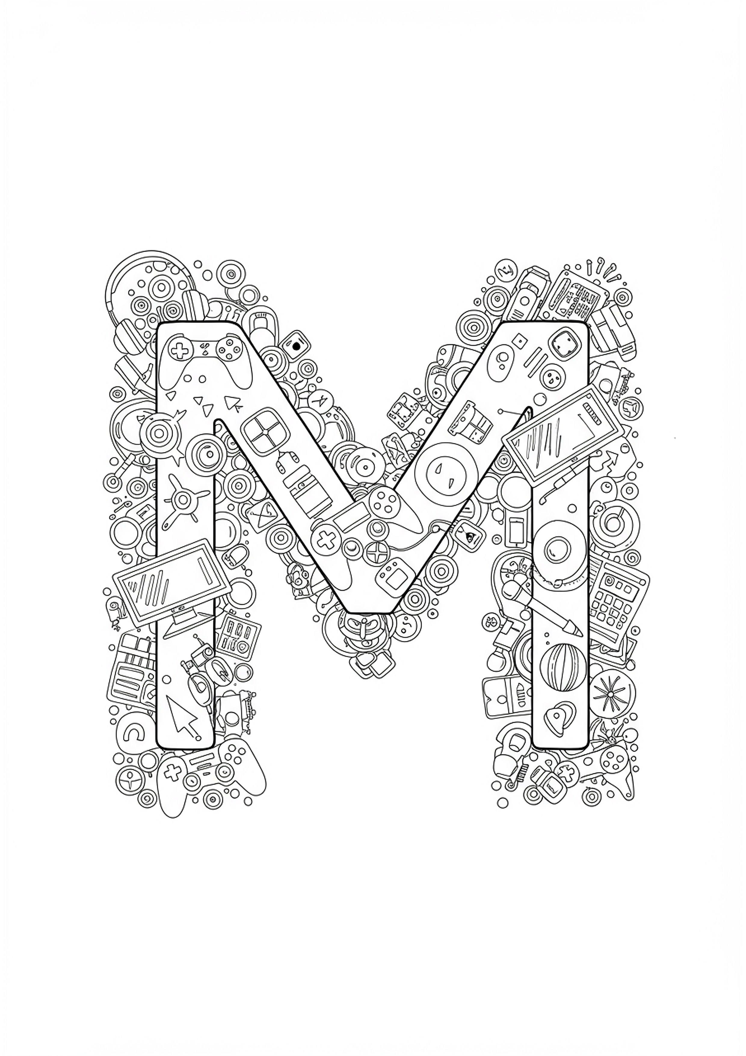 Letter M with Tech Gadgets and Gaming Icons - Free Coloring Page ...