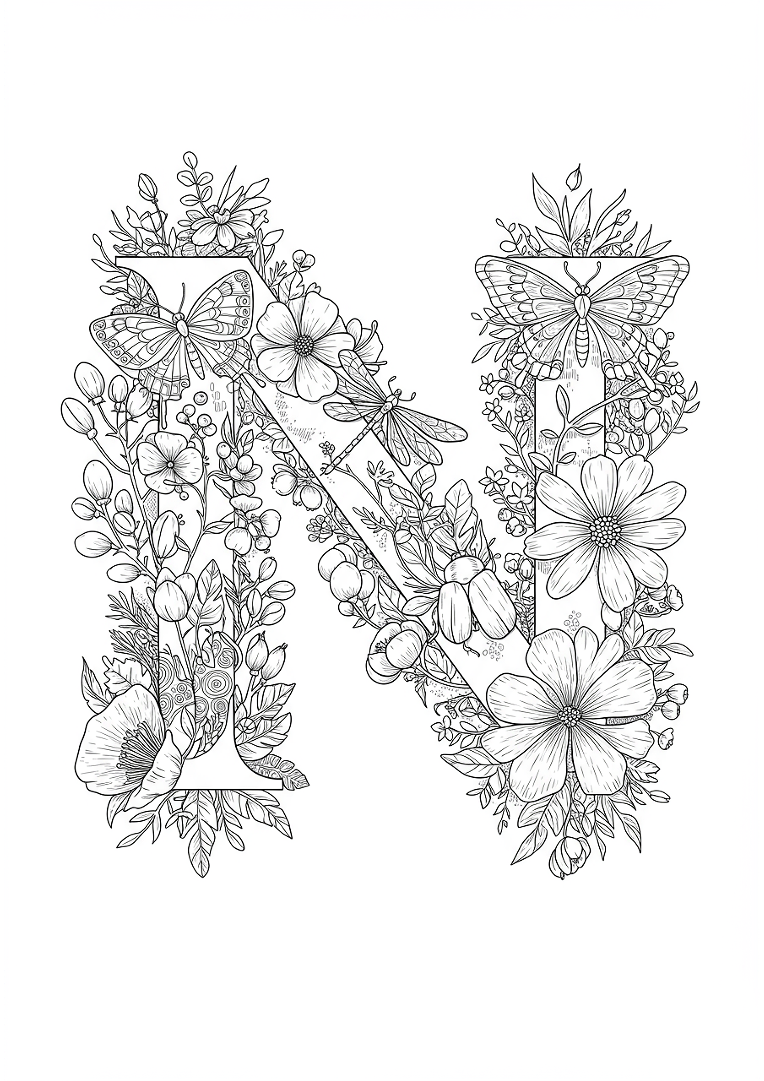 Letter N Botanical Insects Coloring Page - Free Coloring Page ...