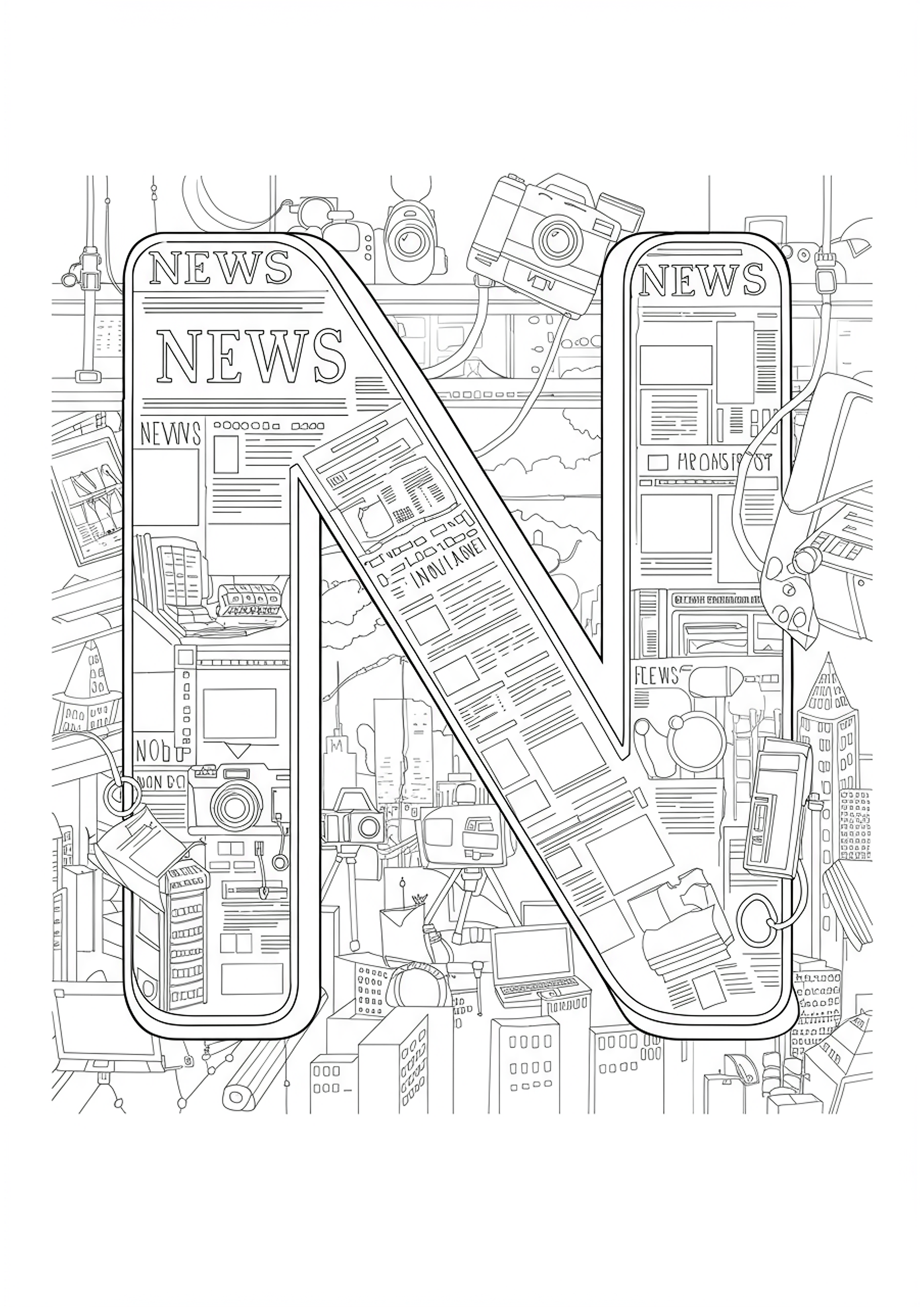 Letter N in a Newsroom Breaking News Layout - Free Coloring Page ...
