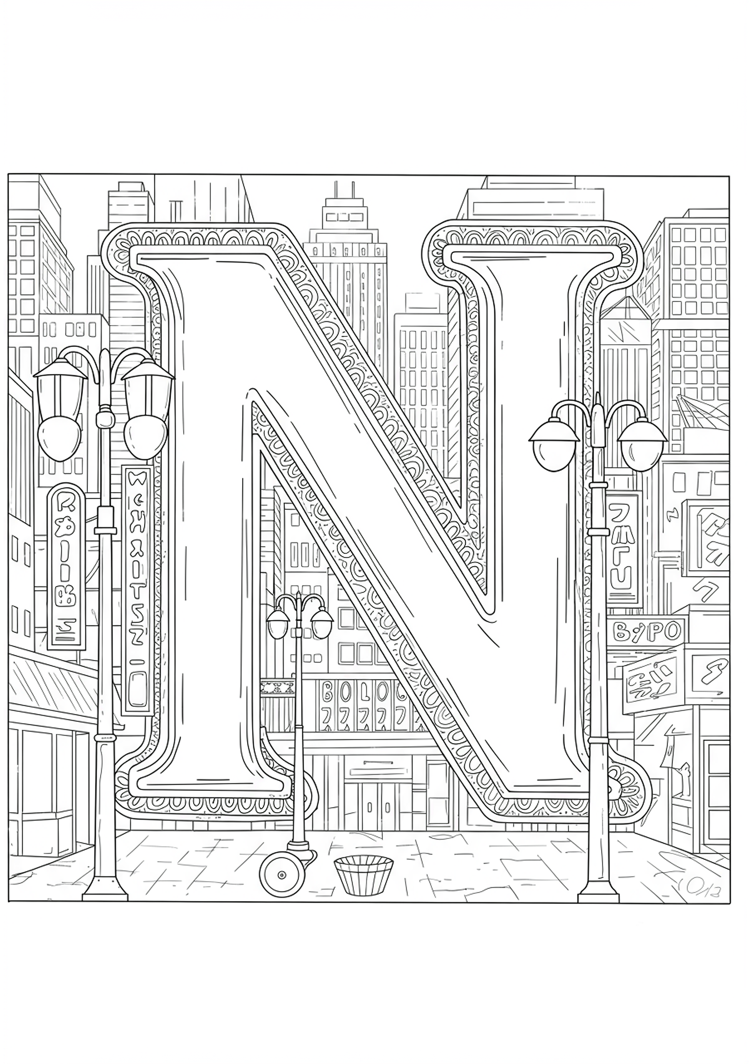Letter N Nightlife Neon City Coloring Page - Free Coloring Page ...