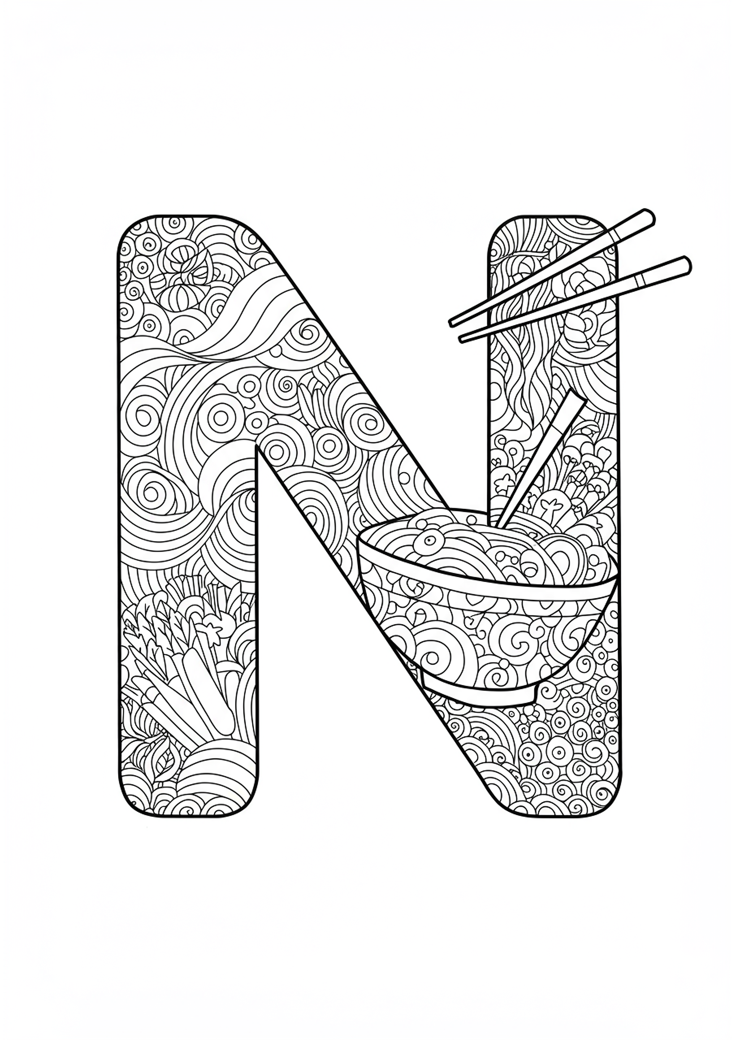 Letter N Noodle Bowl Coloring Page - Free Coloring Page | TryColoringPages