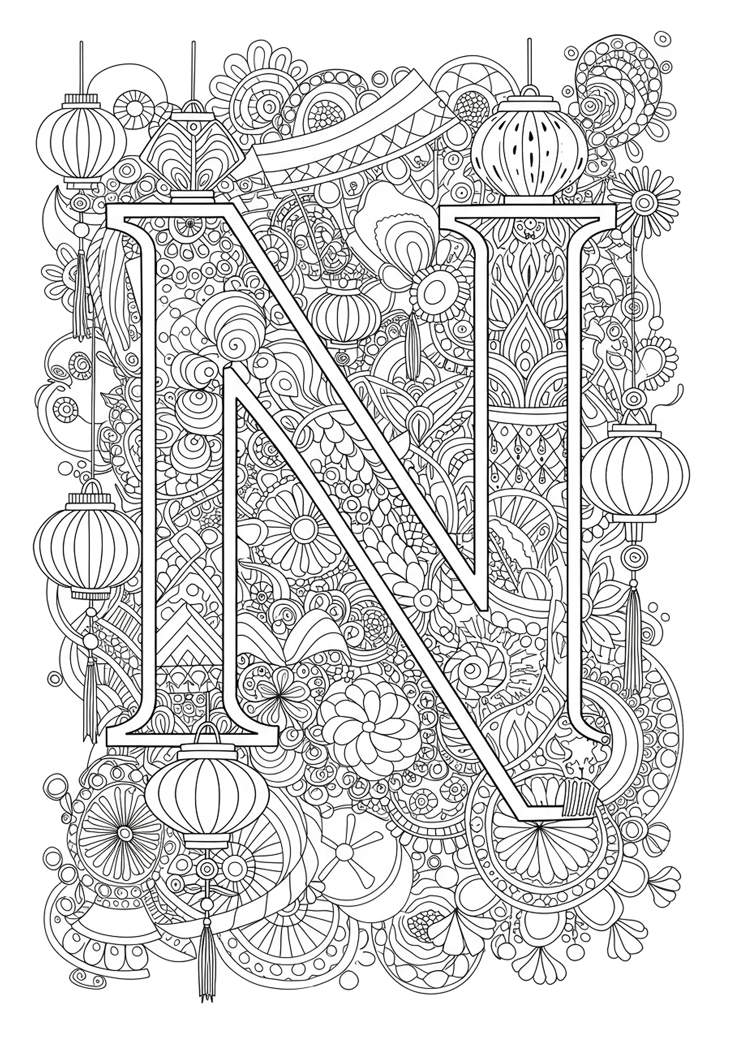 Letter N with Intricate Festival of Lanterns - Free Coloring Page ...