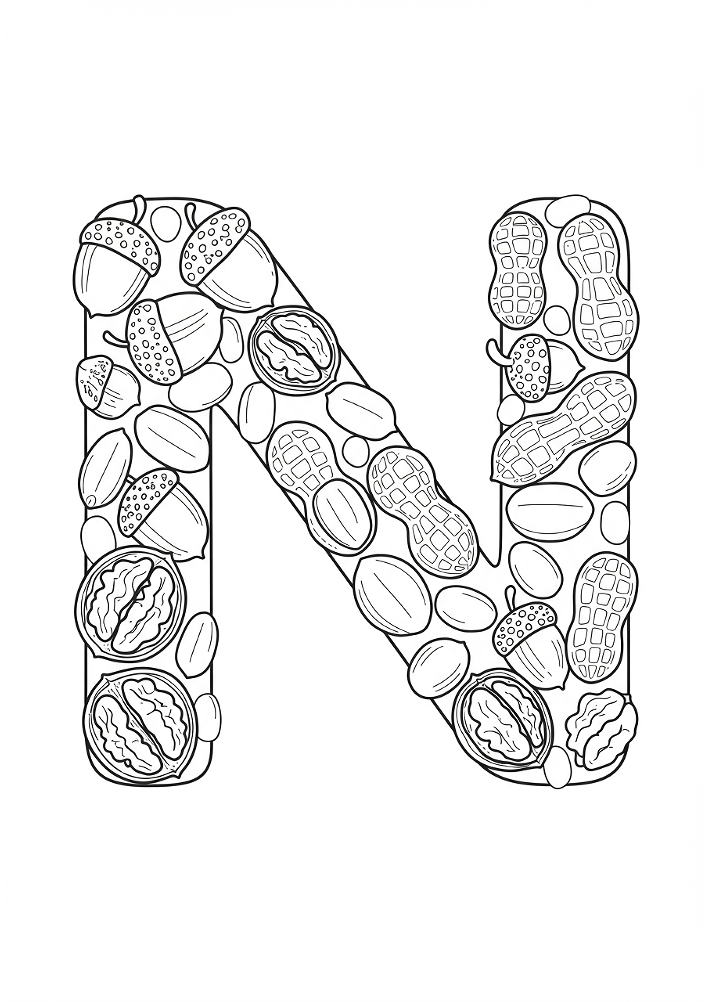 Letter N with Nutty Nuts and Acorns - Free Coloring Page | TryColoringPages
