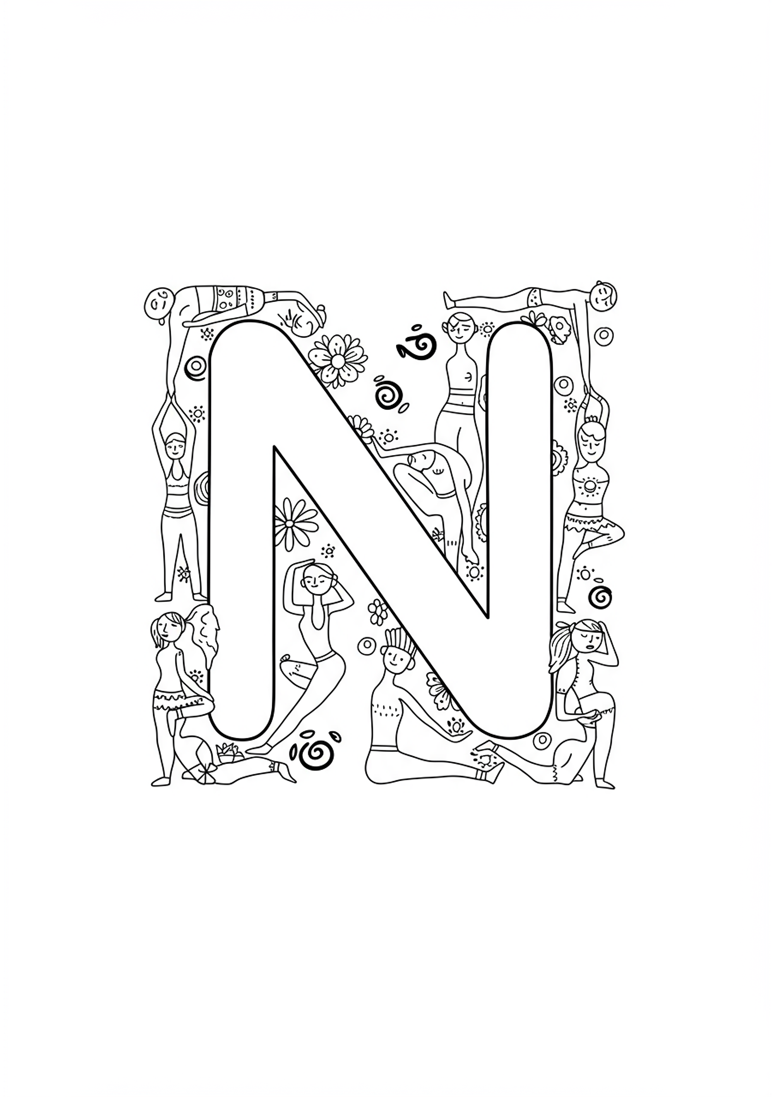Letter N with Yoga Poses - Free Coloring Page | TryColoringPages