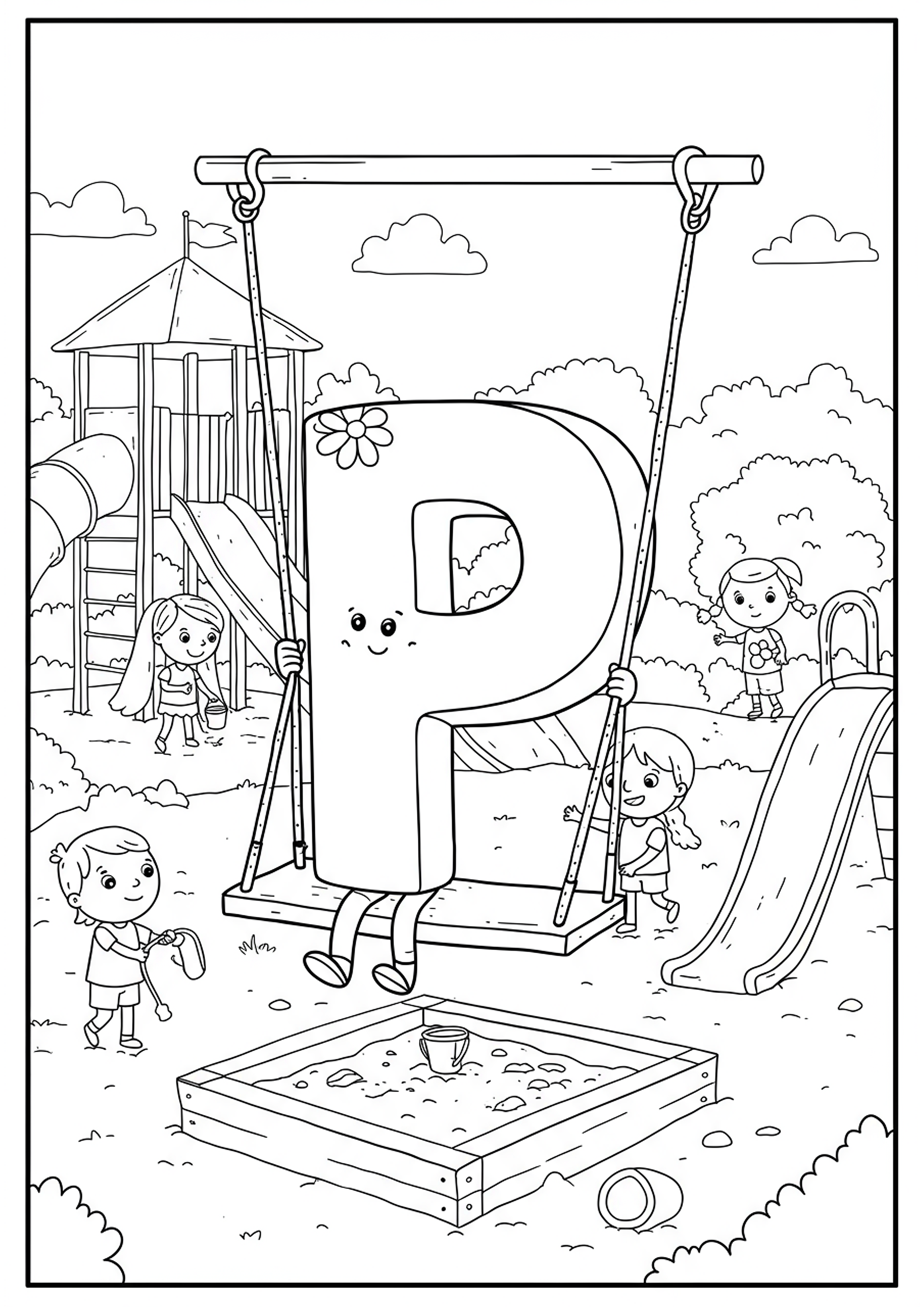 Letter P and Playground Fun Coloring Page - Free Coloring Page ...