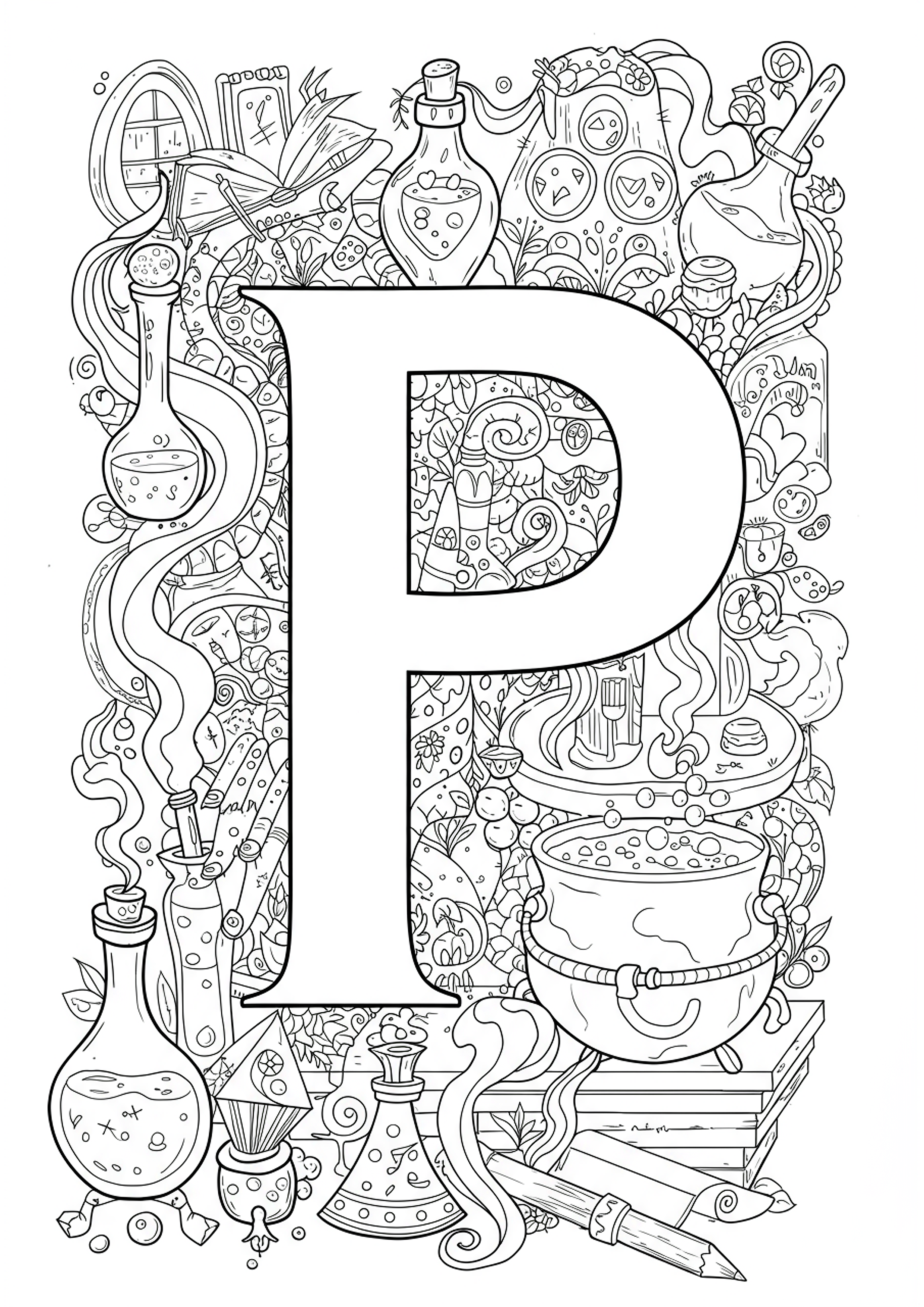 Letter P in a Magical Potion Lab - Free Coloring Page | TryColoringPages