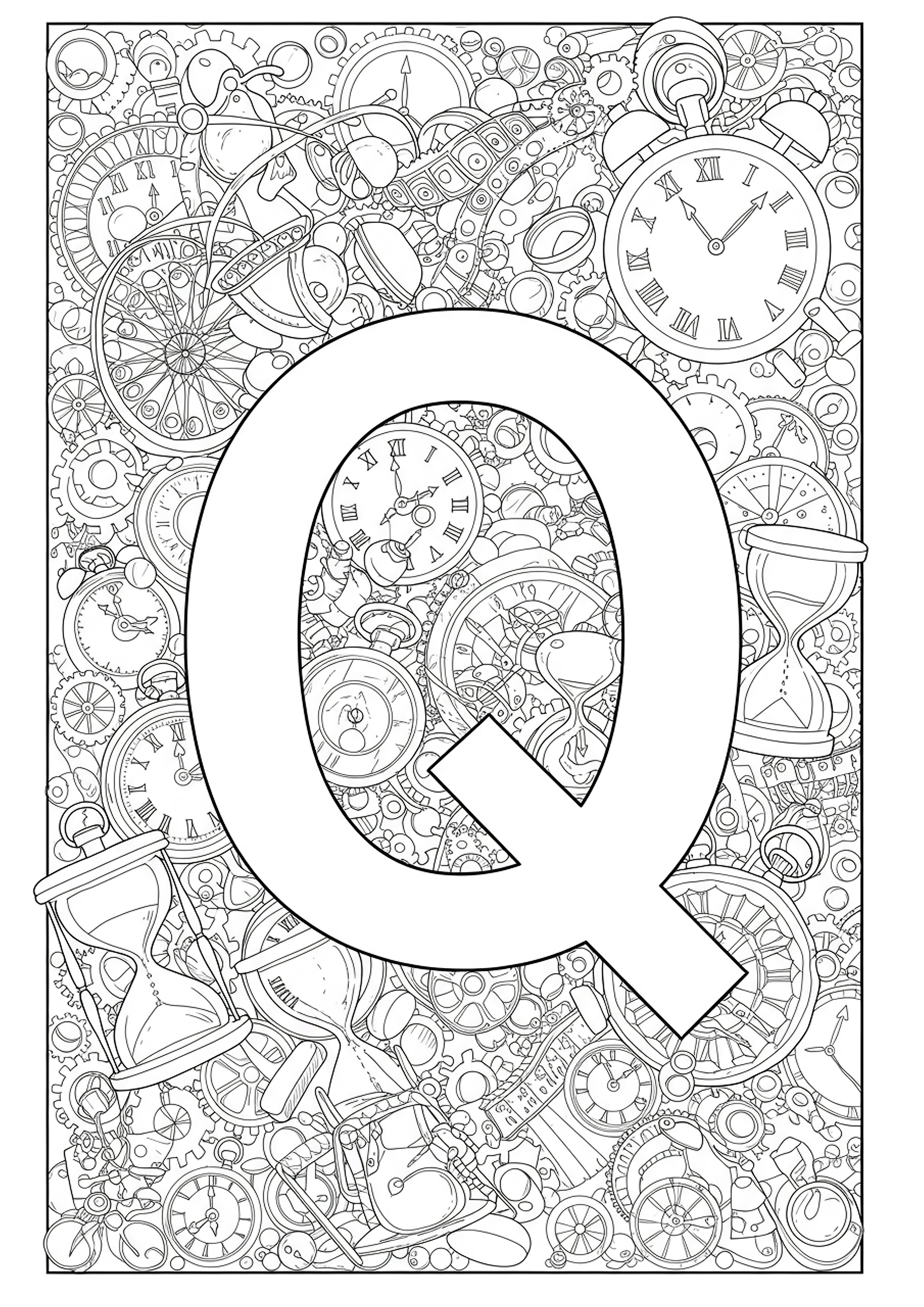 Letter Q Surrounded by Timepieces and Clocks - Free Coloring Page ...