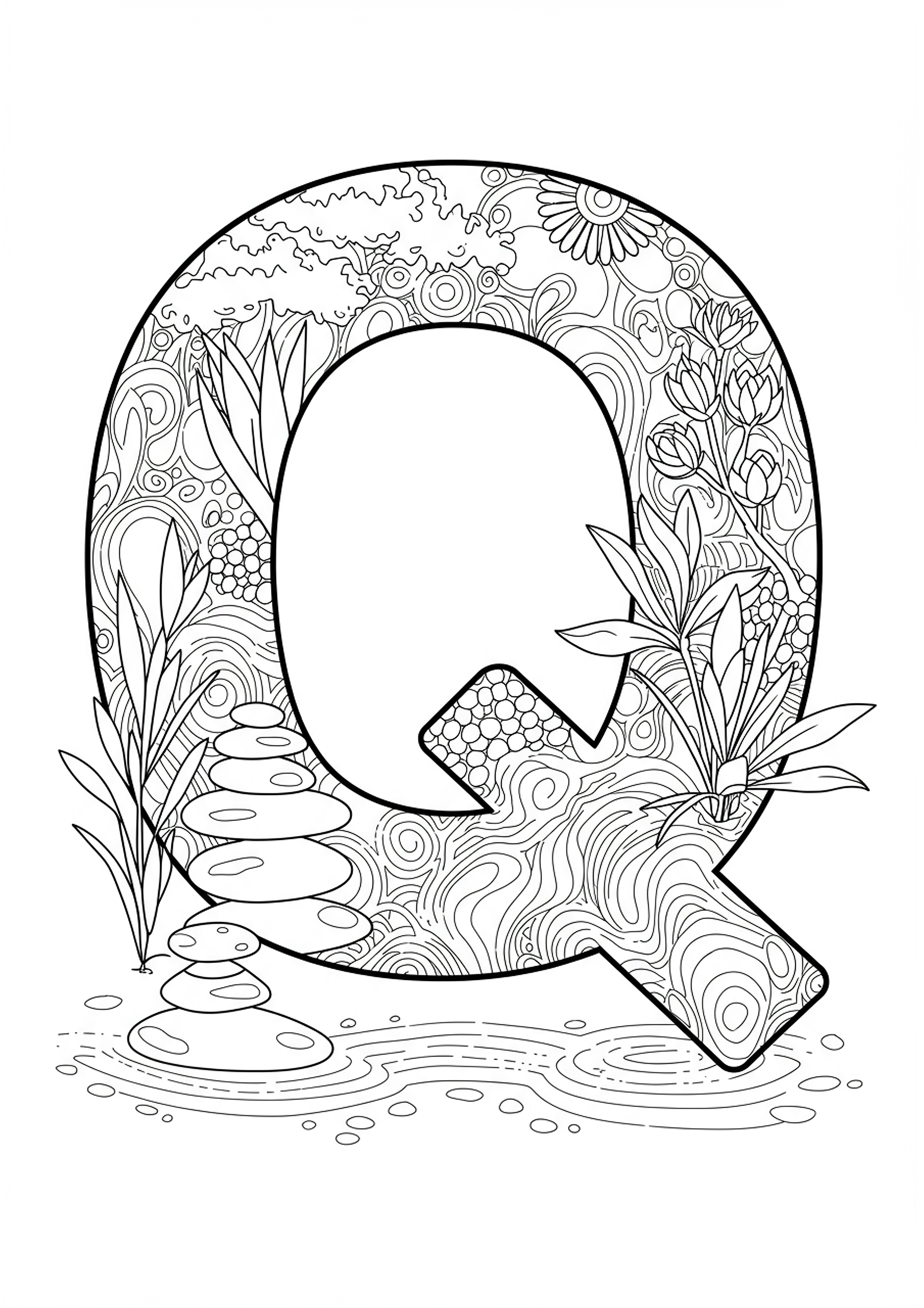 Letter Q with Zen Garden and Stone Patterns - Free Coloring Page ...