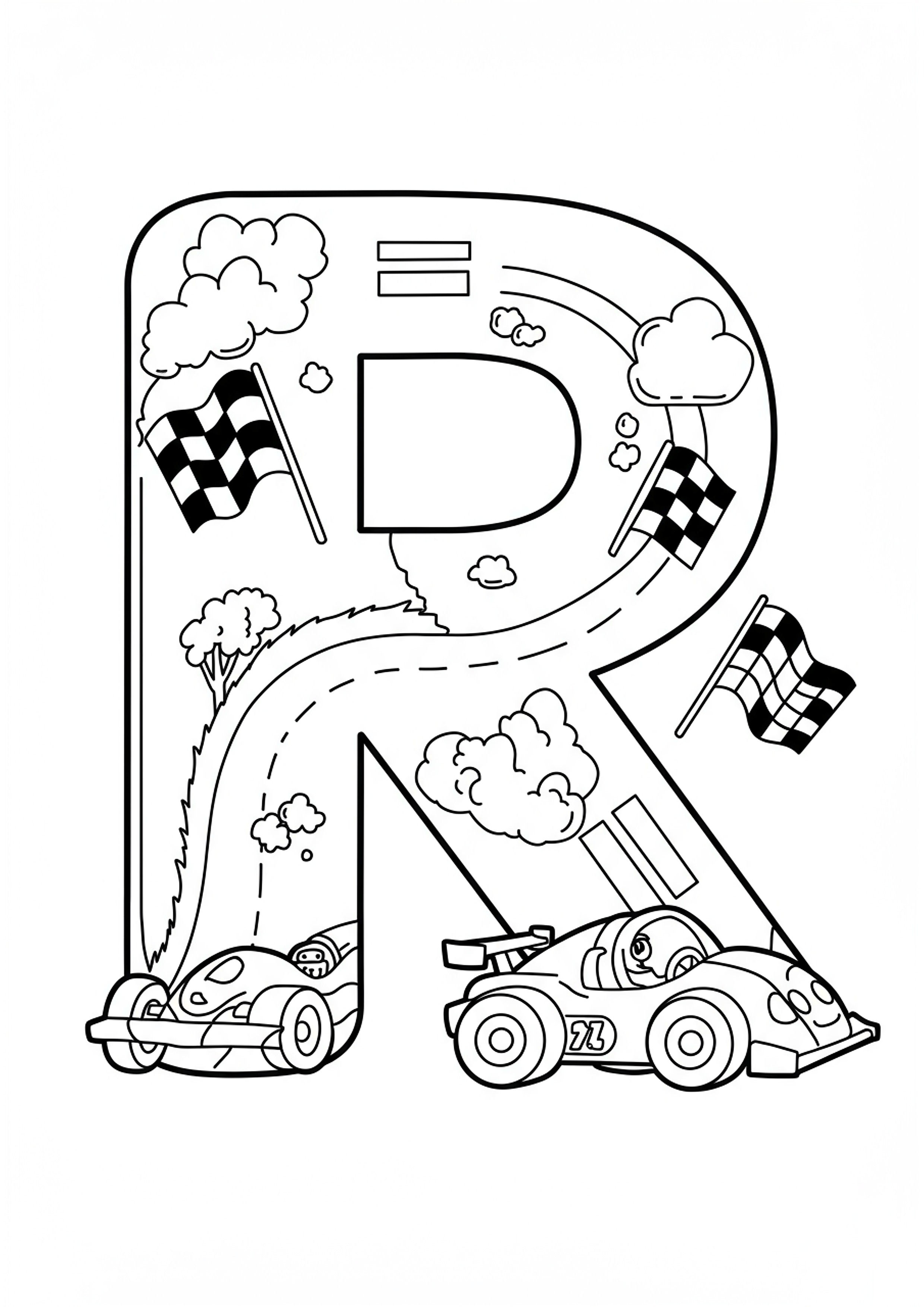Letter R and Race Car Adventure Coloring Page - Free Coloring Page ...
