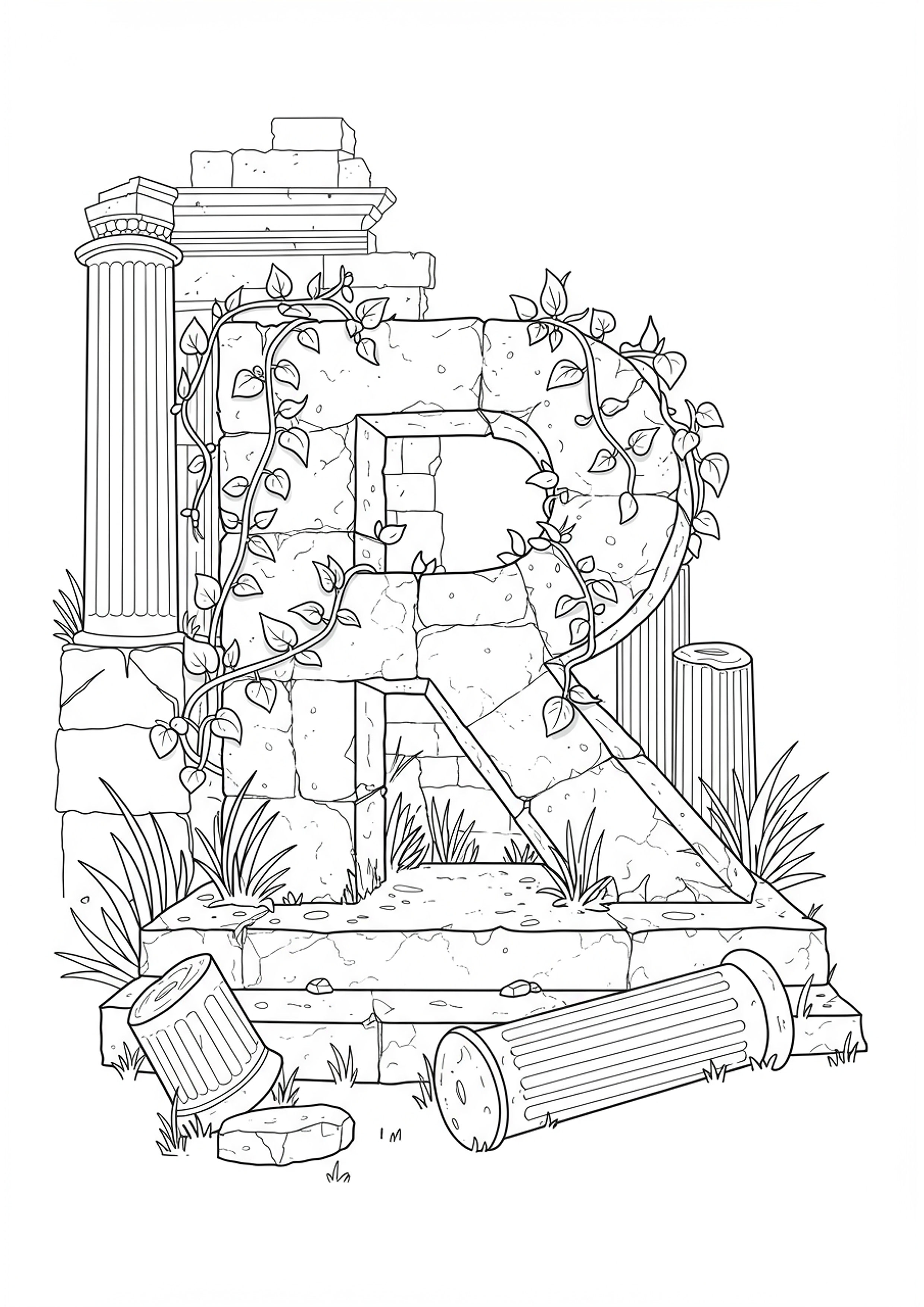 Letter R Coloring Page With Ancient Ruins Theme - Free Coloring Page ...